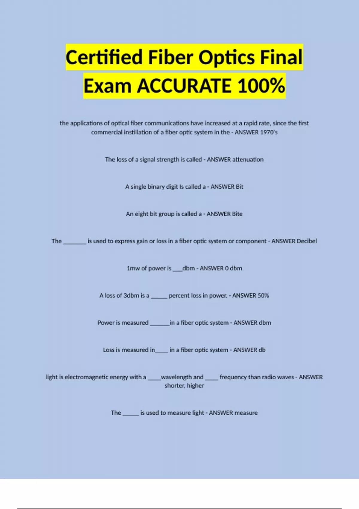 Certified Fiber Optics Final Exam ACCURATE 100% - FOA CFOT - Stuvia US