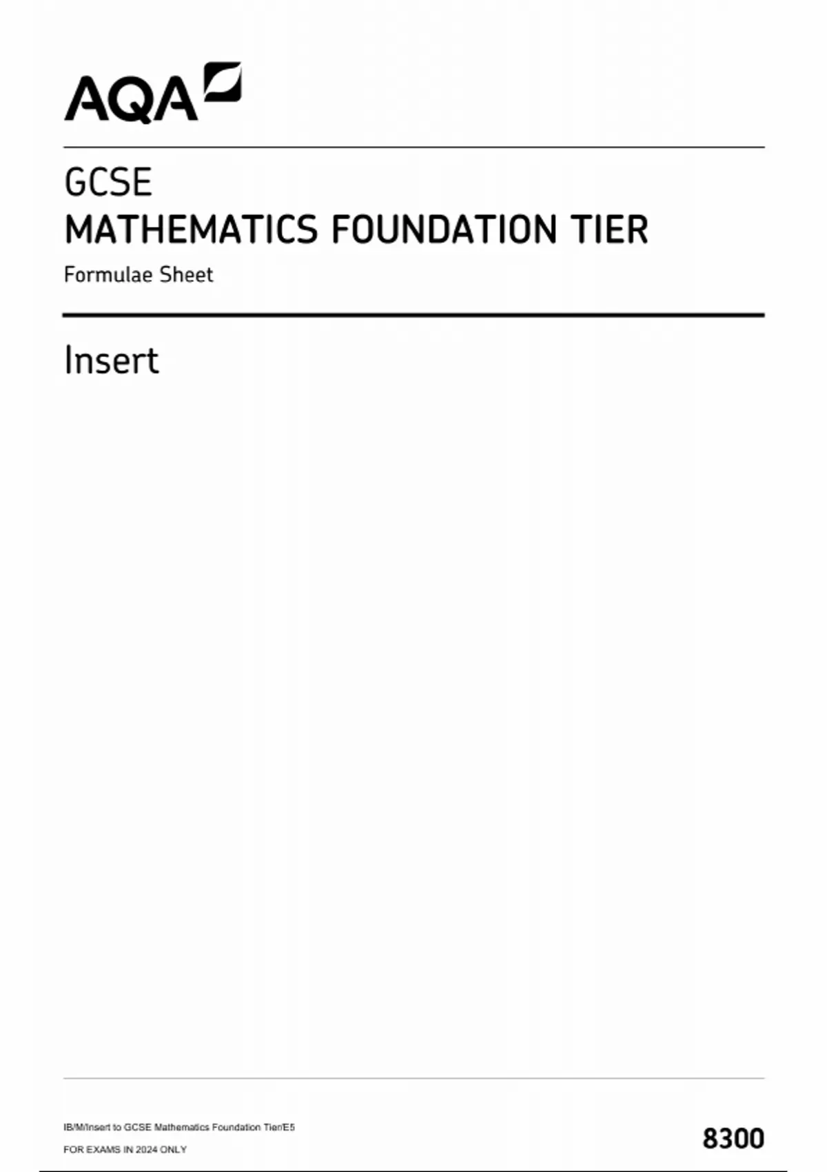 AQA GCSE Mathematics Foundation Tier Formulae Sheet 2024(8300: Insert ...