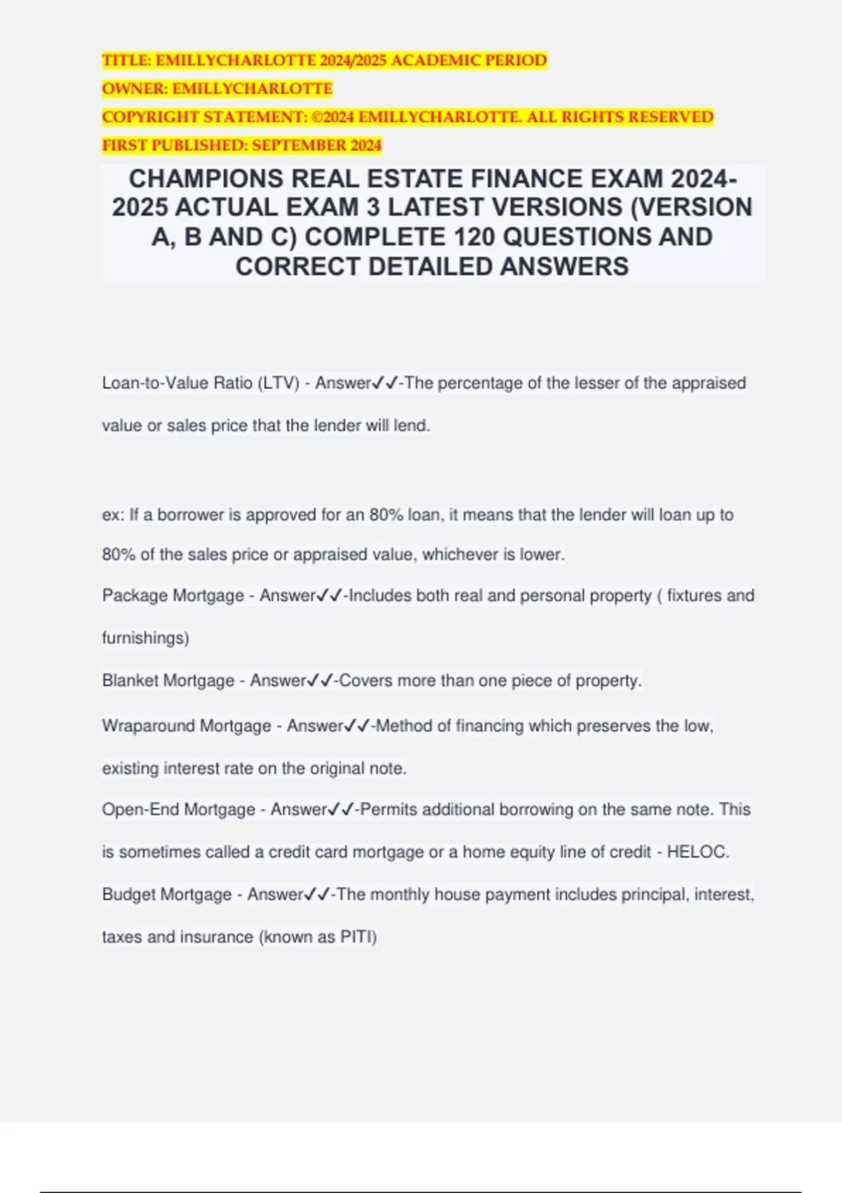 CHAMPIONS REAL ESTATE FINANCE EXAM ACTUAL EXAM 3 LATEST VERSIONS ...