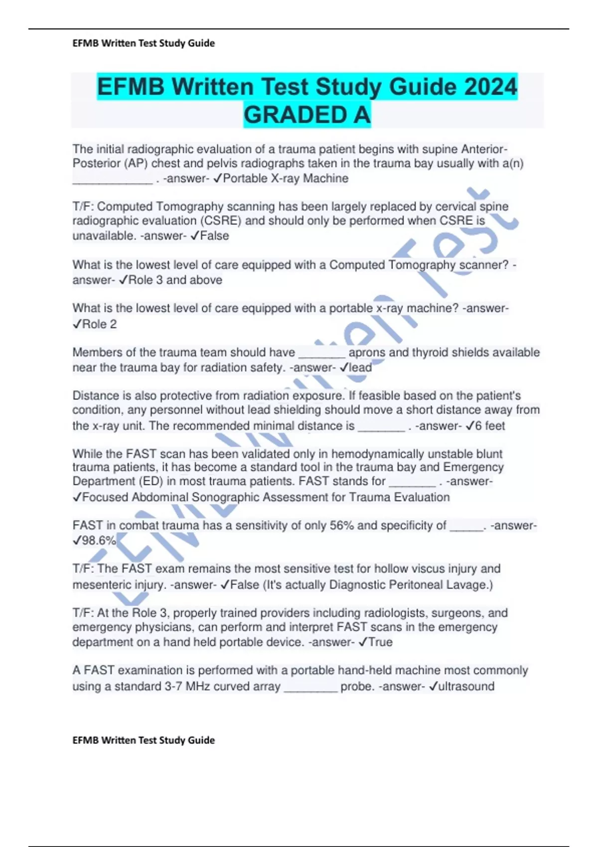 BUNDLED EFMB Exam Questions with Correct Answers 2024 - Stuvia US
