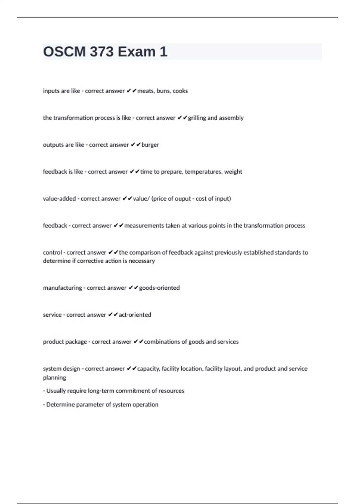 OSCM 373 Exam 1 questions with complete solutions - OSCM 373 - Stuvia US