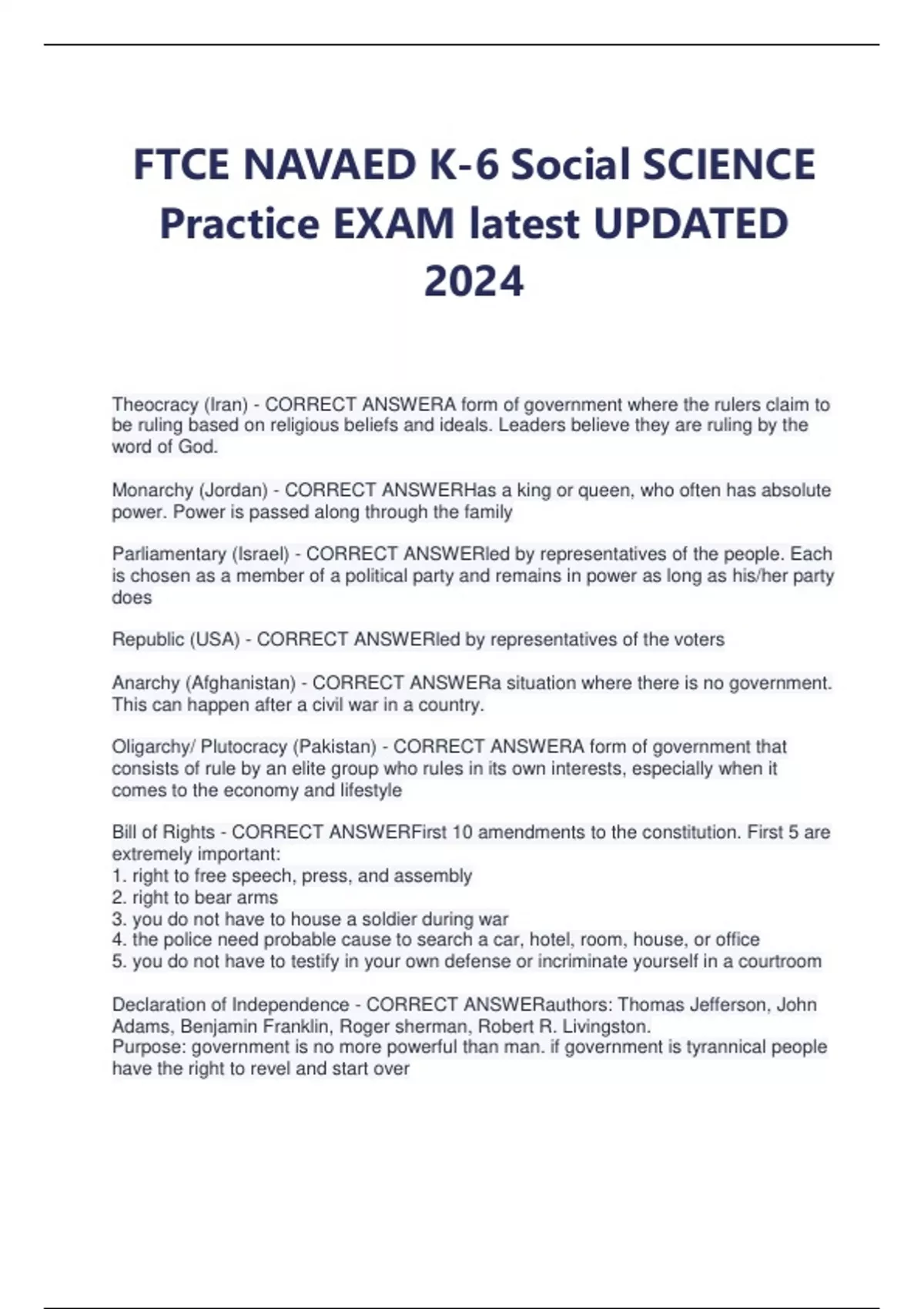 FTCE NAVAED K-6 Social SCIENCE Practice EXAM latest UPDATED 2024 - FTCE ...
