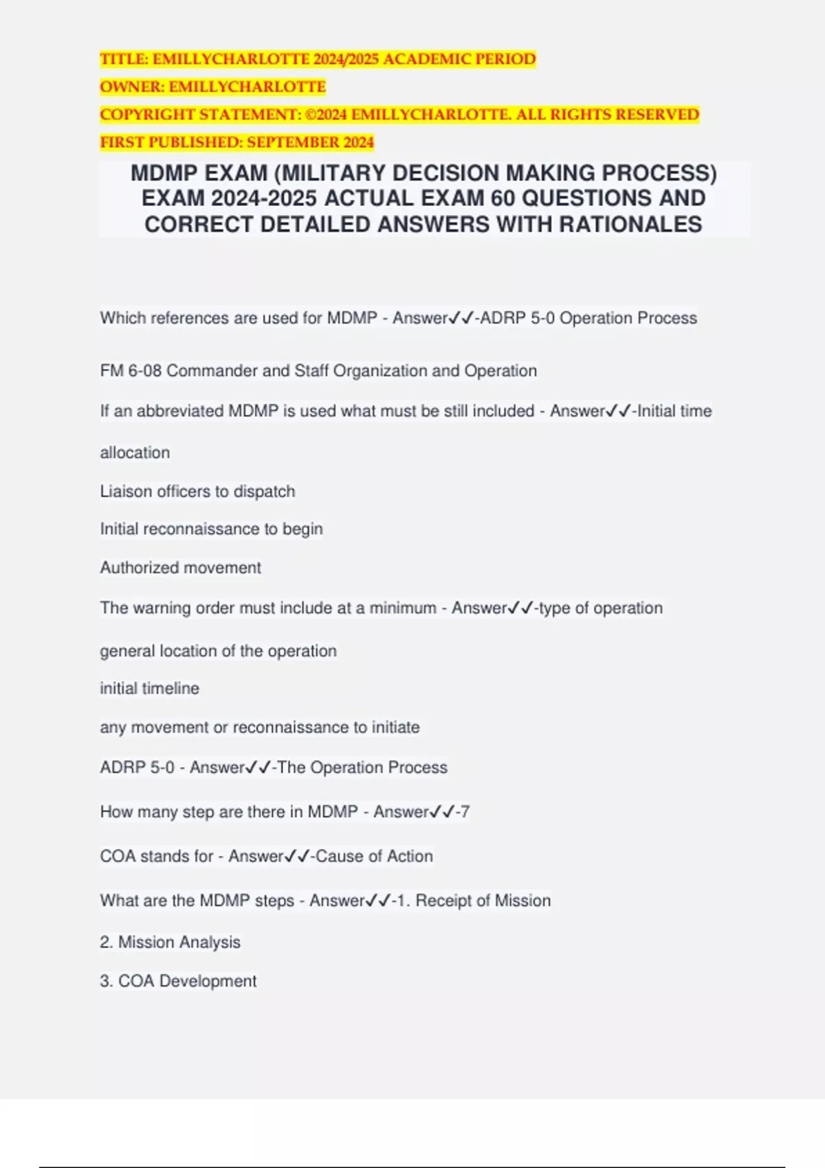 MDMP EXAM (MILITARY DECISION MAKING PROCESS) EXAM ACTUAL EXAM 60 ...