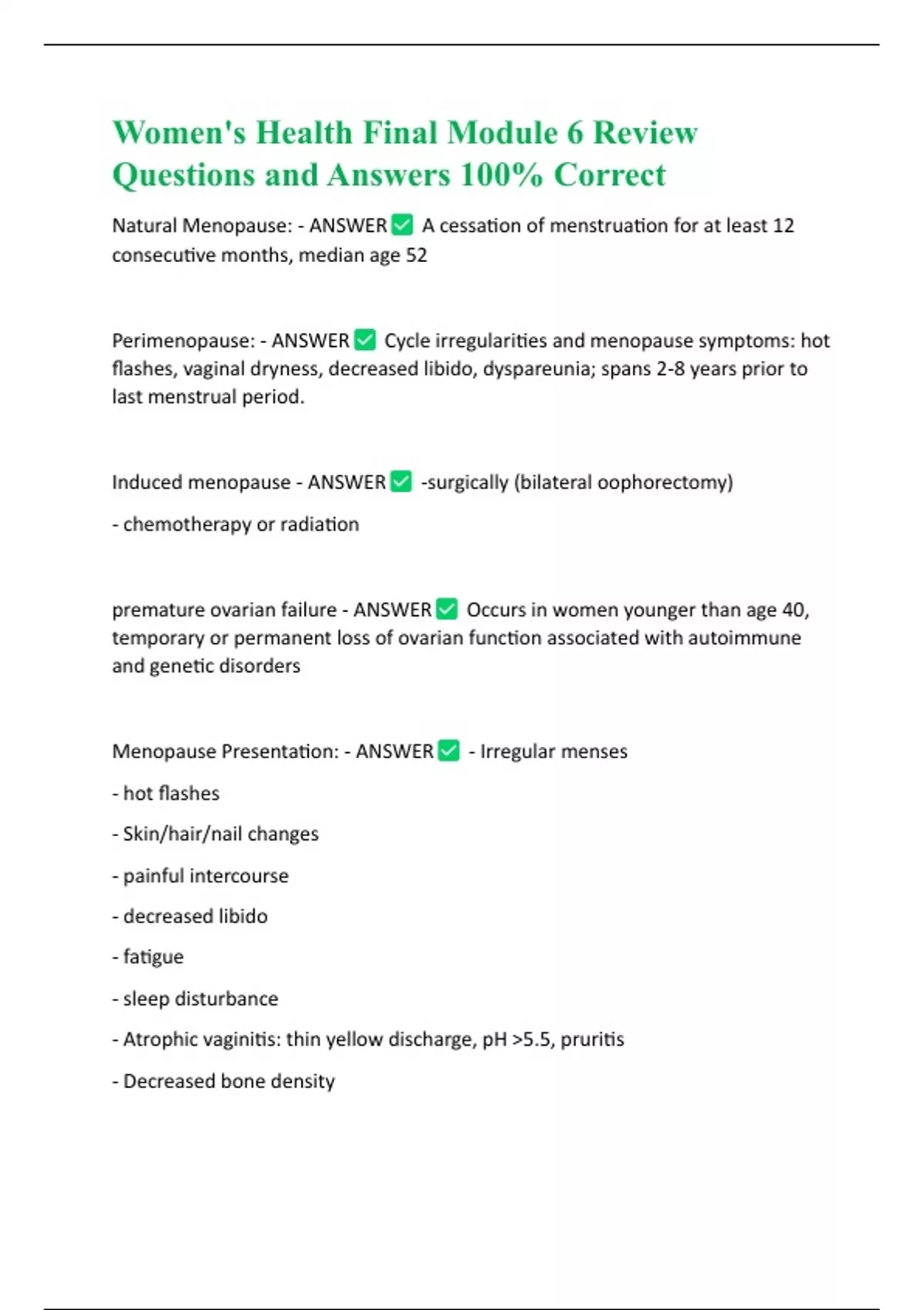 Women's Health Final Module 6 Review Questions and Answers 100% Correct ...