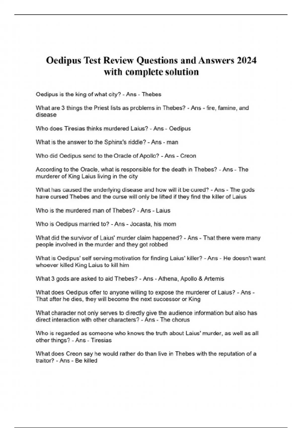 Oedipus Test Review Questions and Answers 2024 with complete solution ...