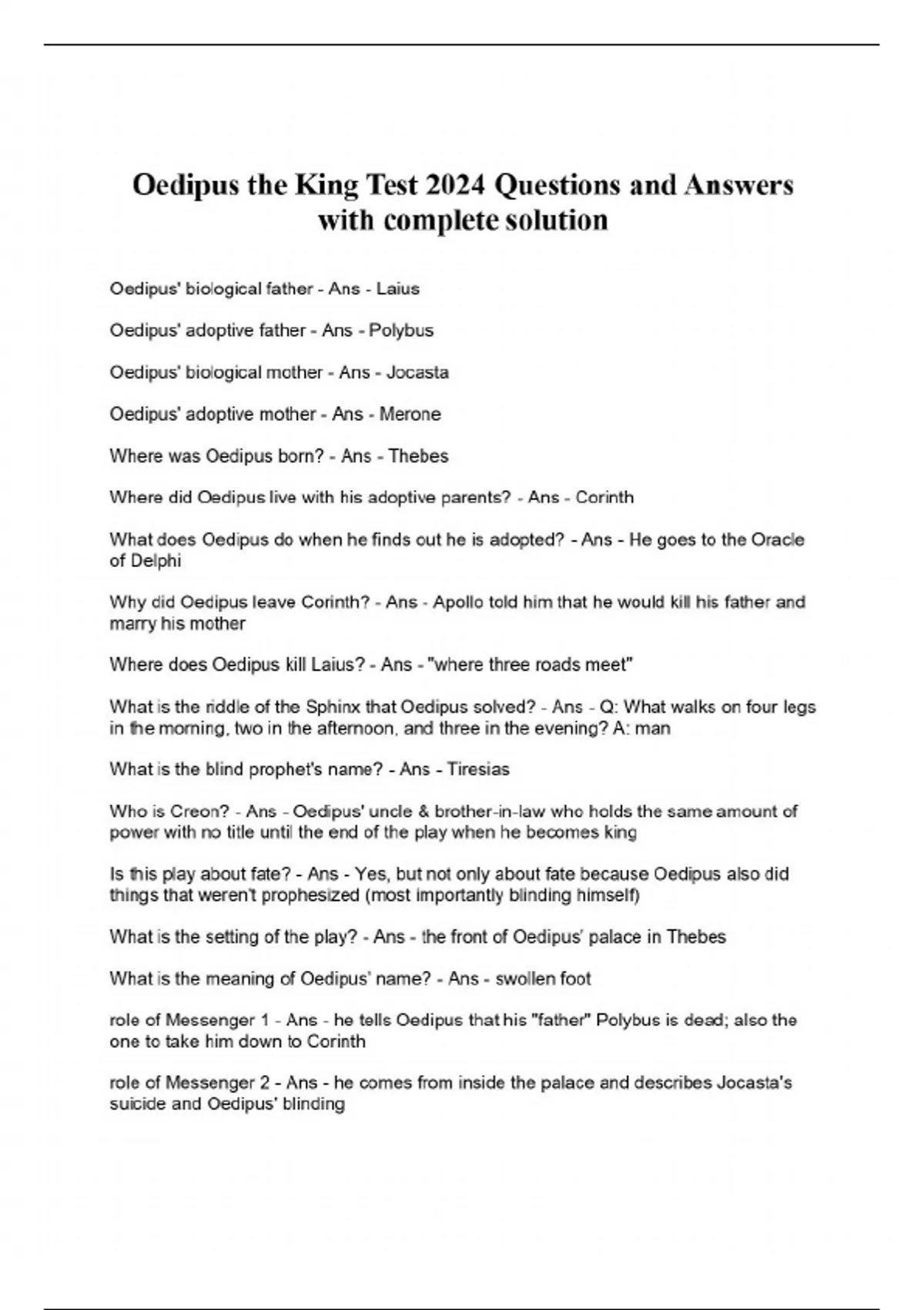 Oedipus the King Test 2024 Questions and Answers with complete solution ...