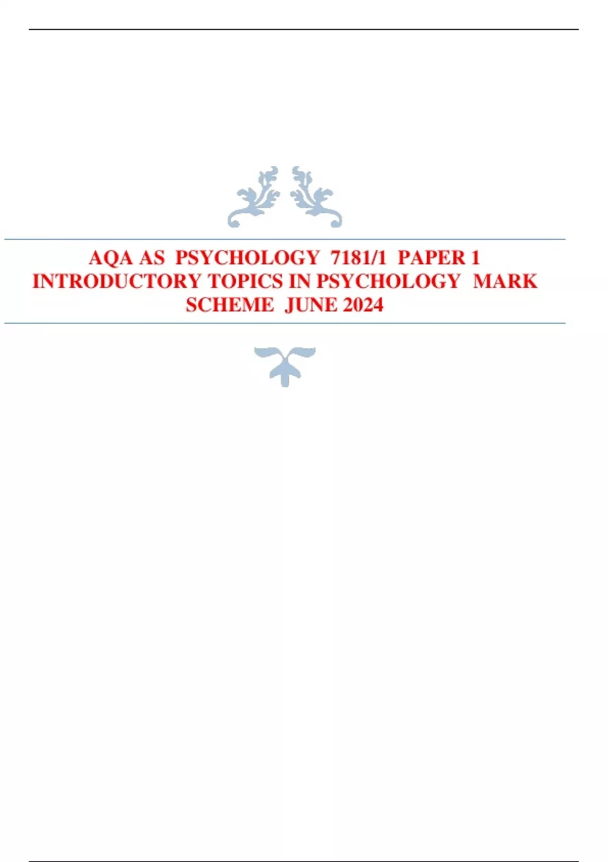 AQA AS PSYCHOLOGY 7181/1 PAPER 1 INTRODUCTORY TOPICS IN PSYCHOLOGY MARK ...