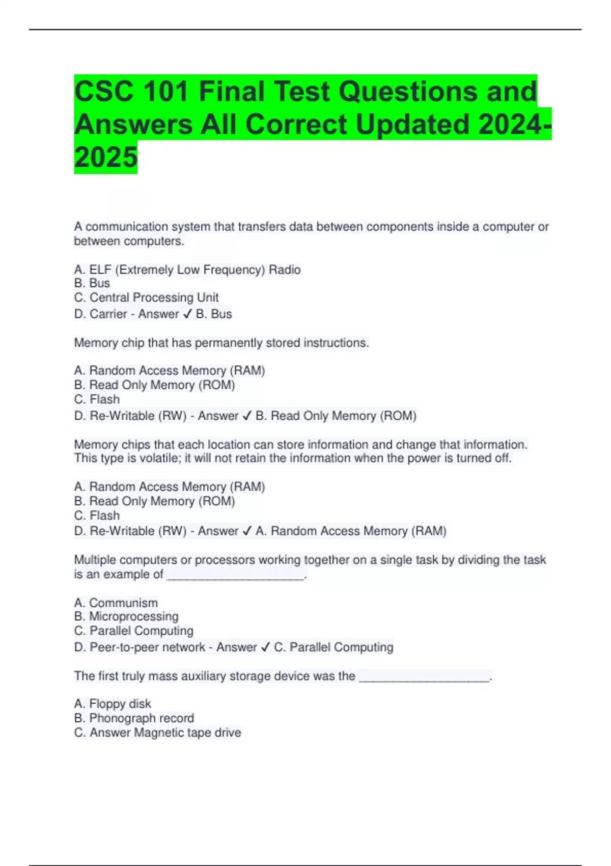 CSC 101 Final Test Questions and Answers All Correct Updated - CSC 101 ...