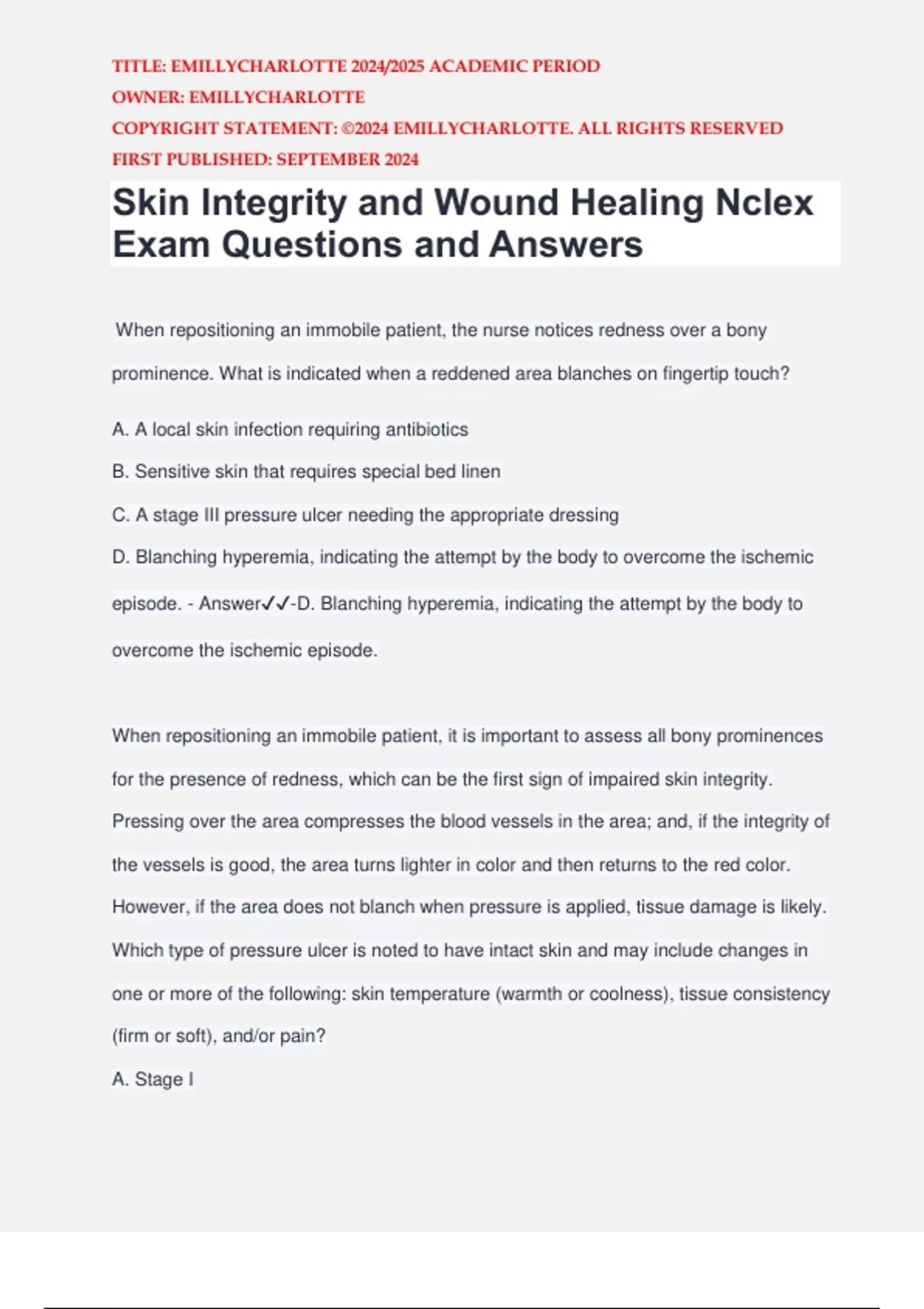 Skin Integrity and Wound Healing Nclex Exam Questions and Answers ...