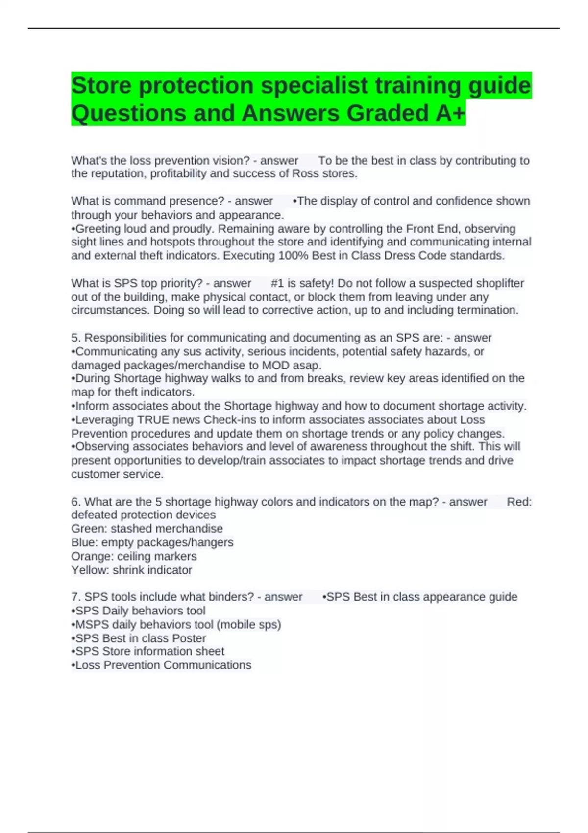 Store protection specialist training guide Questions and Answers Graded ...