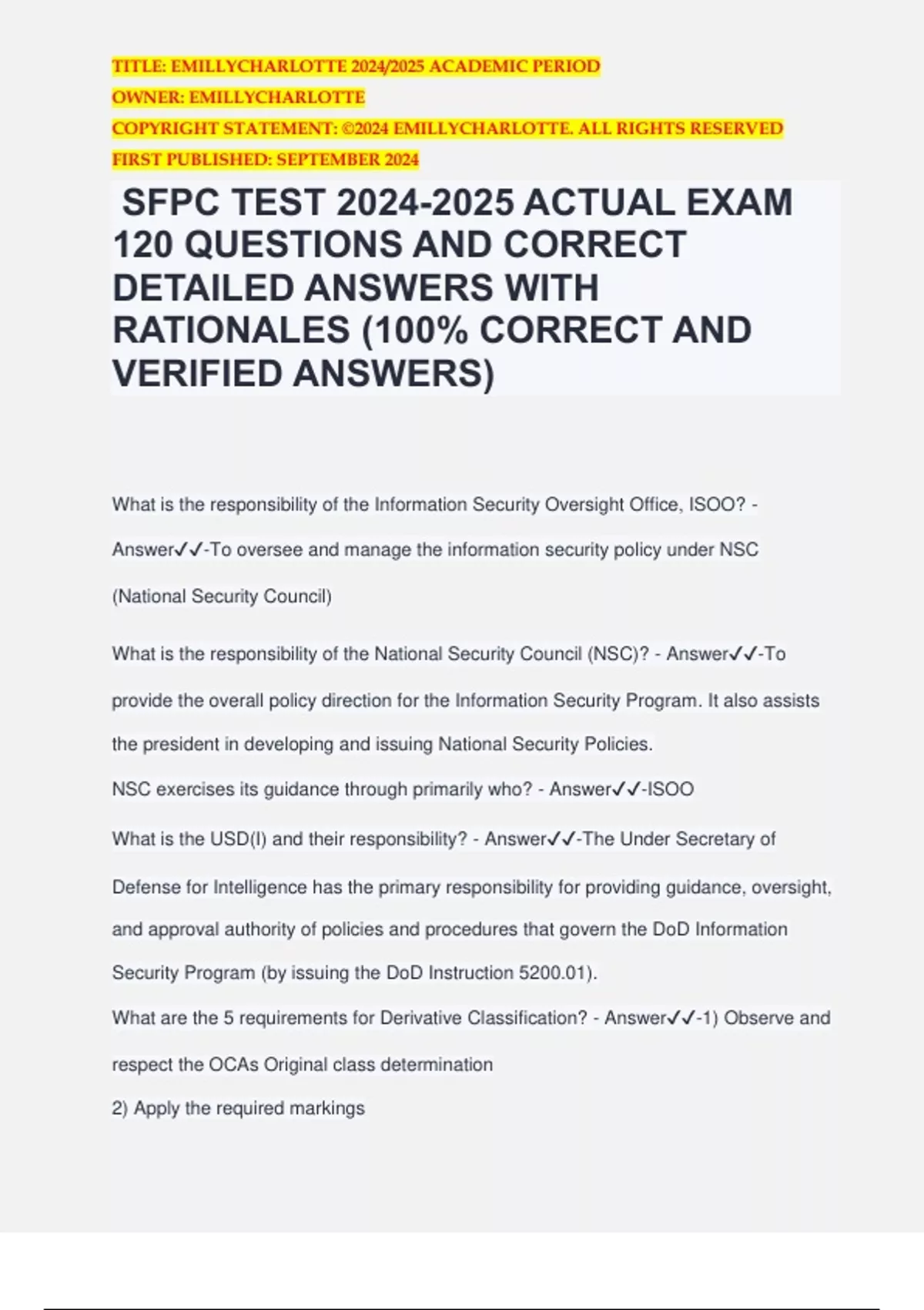 SFPC TEST ACTUAL EXAM 120 QUESTIONS AND CORRECT DETAILED ANSWERS WITH ...