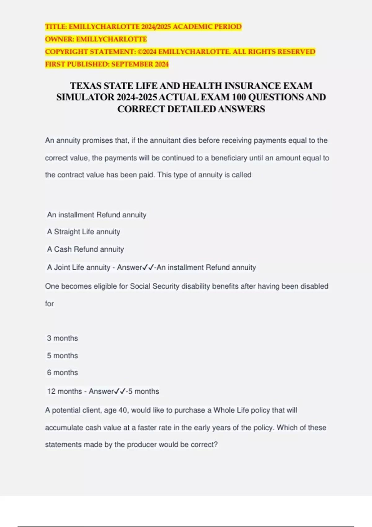 TEXAS STATE LIFE AND HEALTH INSURANCE EXAM SIMULATOR ACTUAL EXAM 100 ...