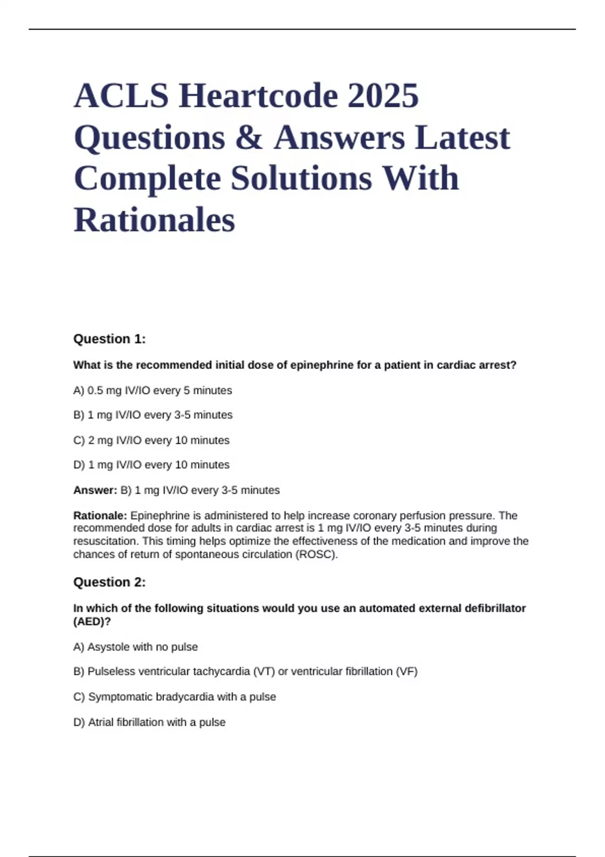 ACLS Heartcode 2025 Questions & Answers Latest Complete Solutions With ...