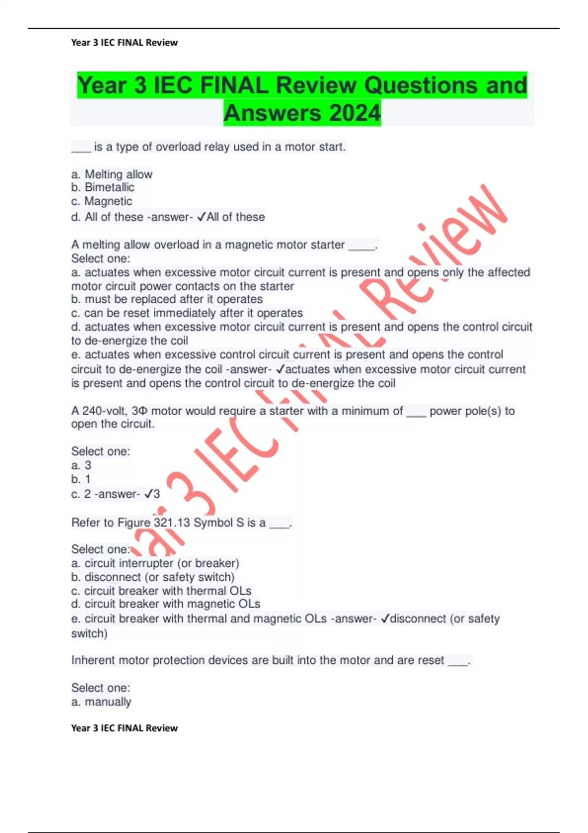 Year 3 IEC FINAL Review Questions and Answers 2024 - Year 3 IEC - Stuvia US