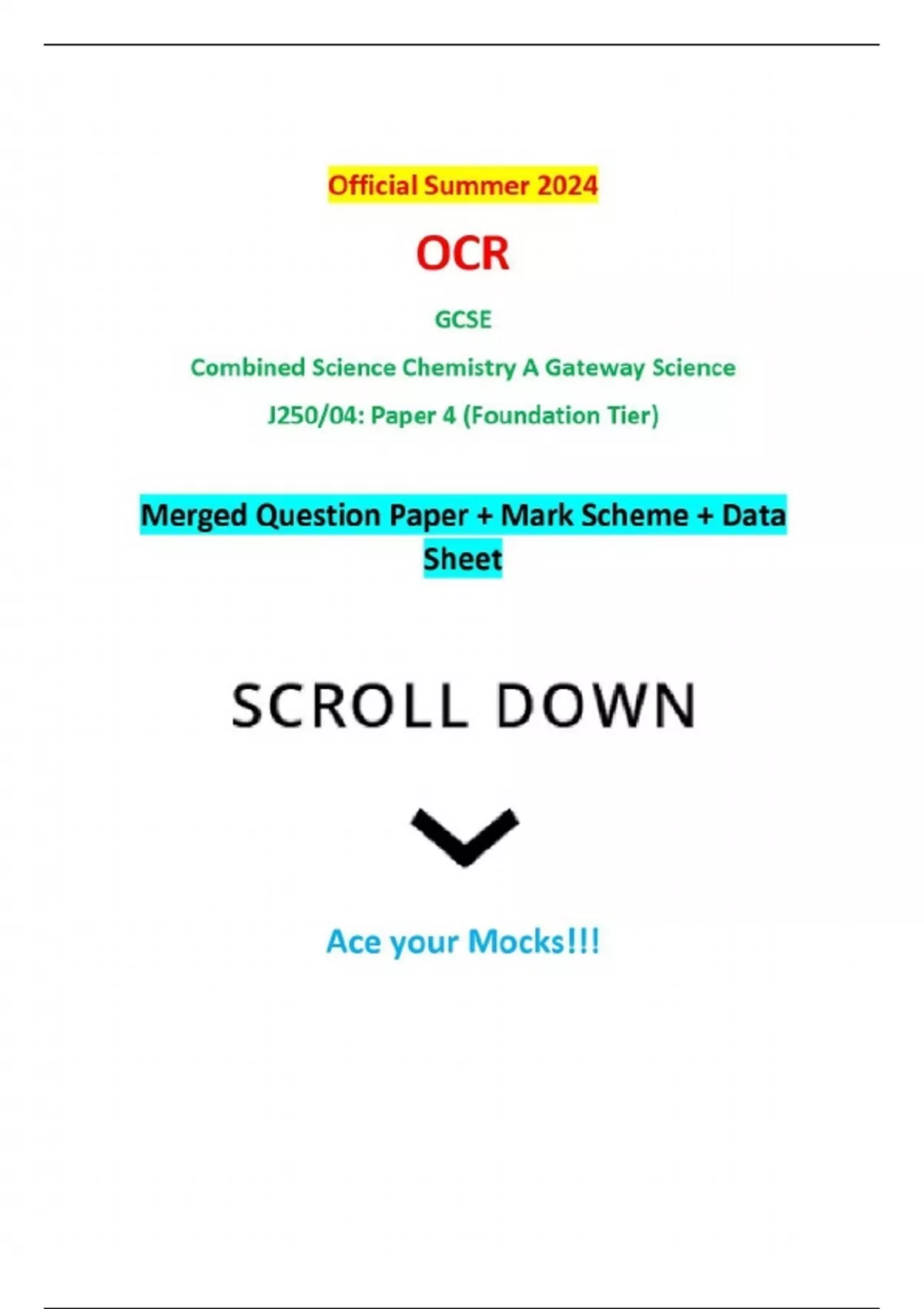 Official Summer 2024 Ocr Gcse Combined Science Chemistry A Gateway Science J250 04 Paper 4
