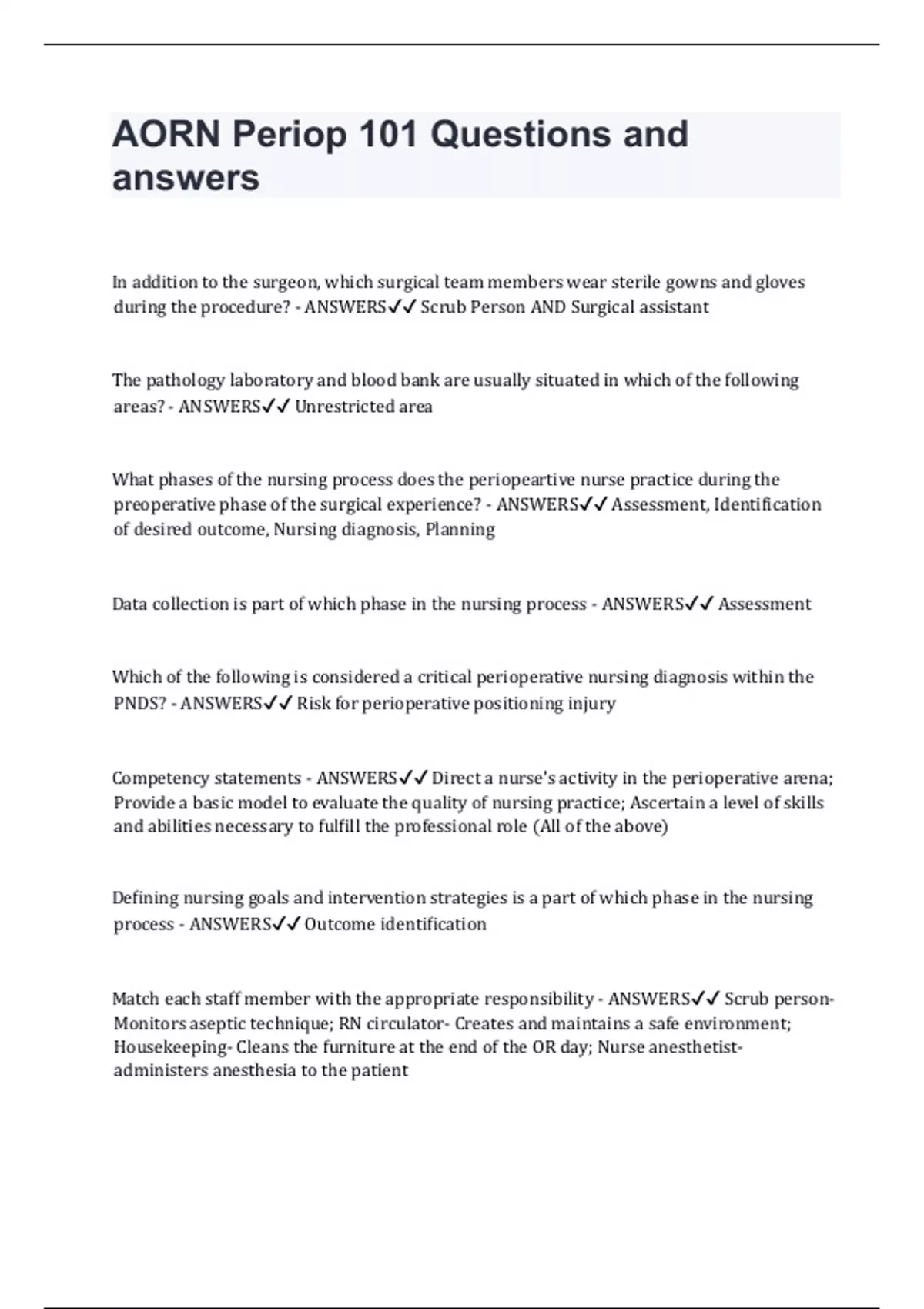 AORN Periop 101 Questions and answers - AORN Periop 101 - Stuvia US