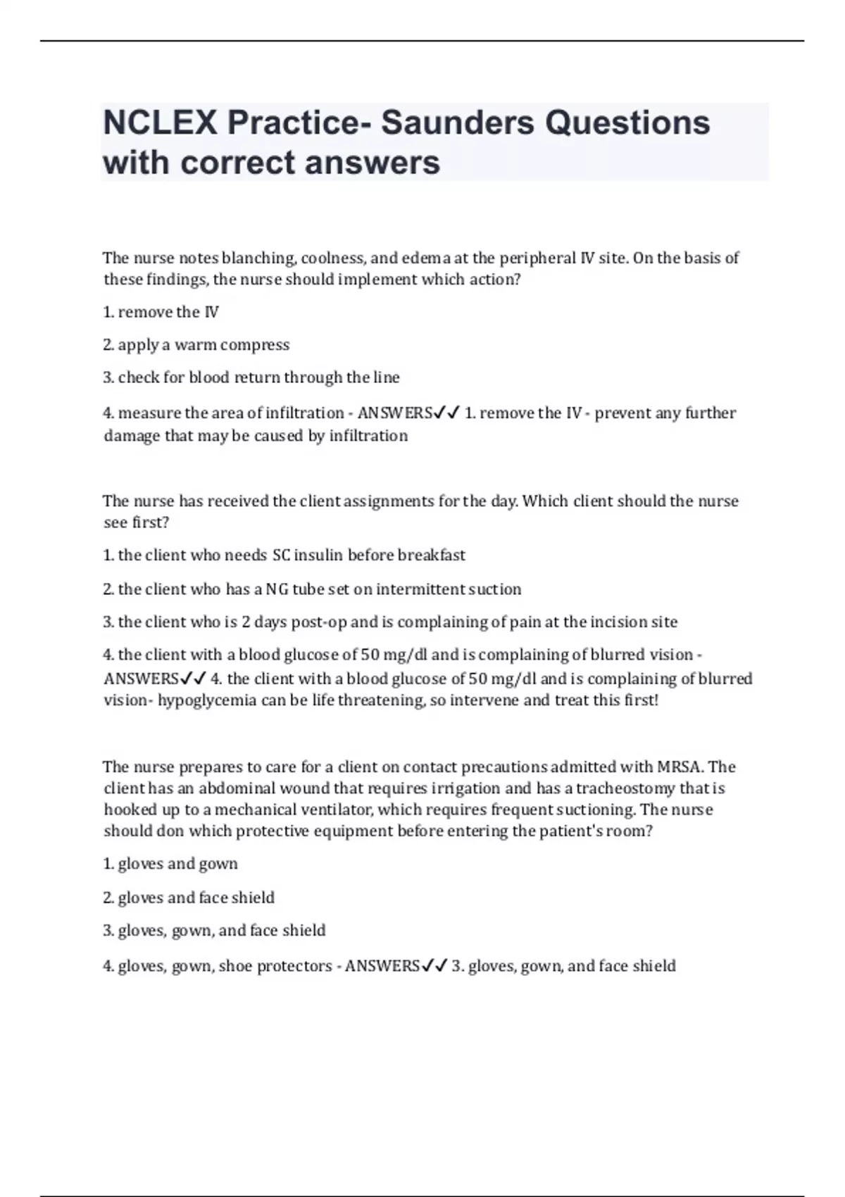 NCLEX Practice- Saunders Questions with correct answers - NCLEX ...