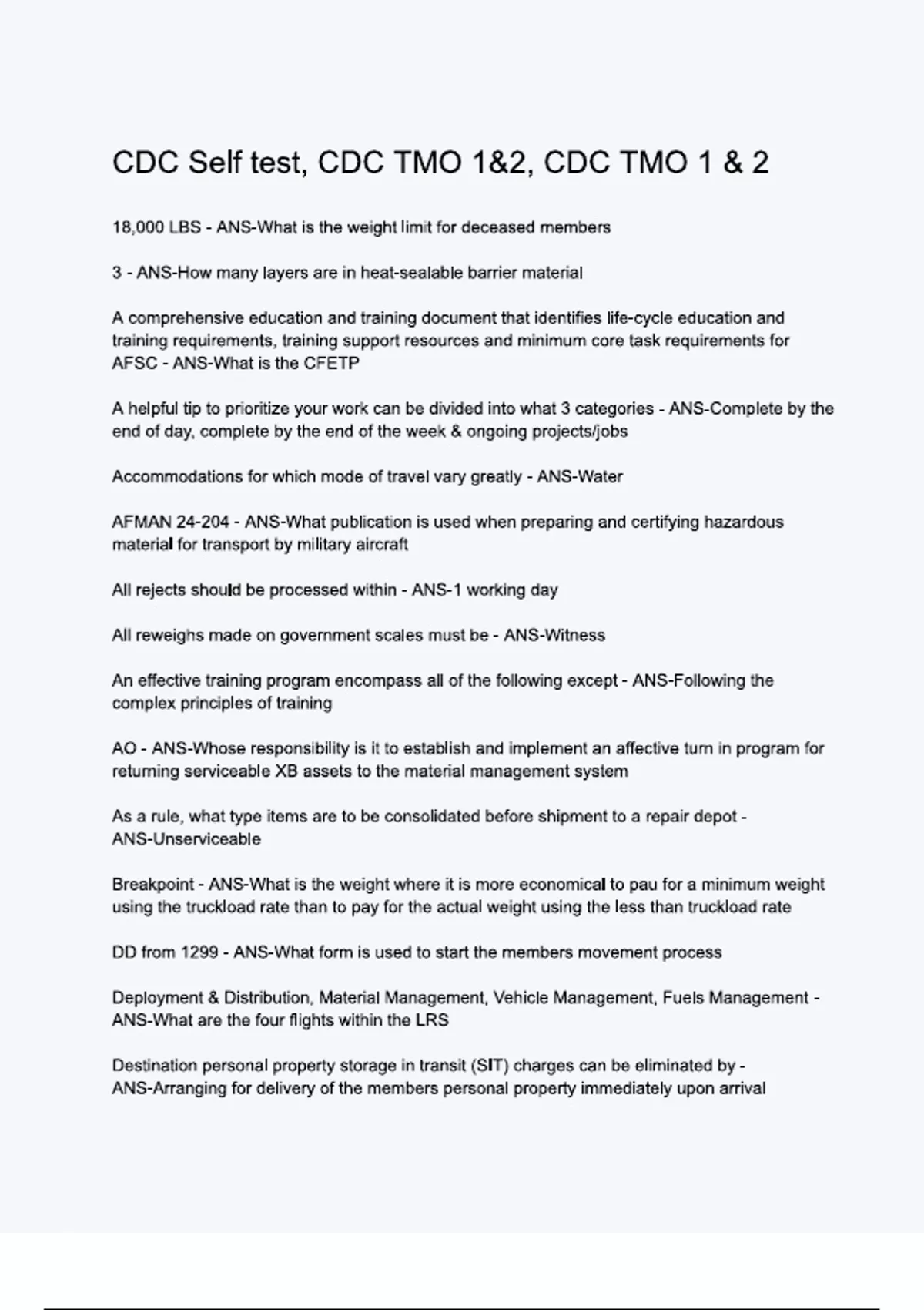 CDC Self test, CDC TMO 1&2, CDC TMO 1 & 2 Questions & 100% Verified ...