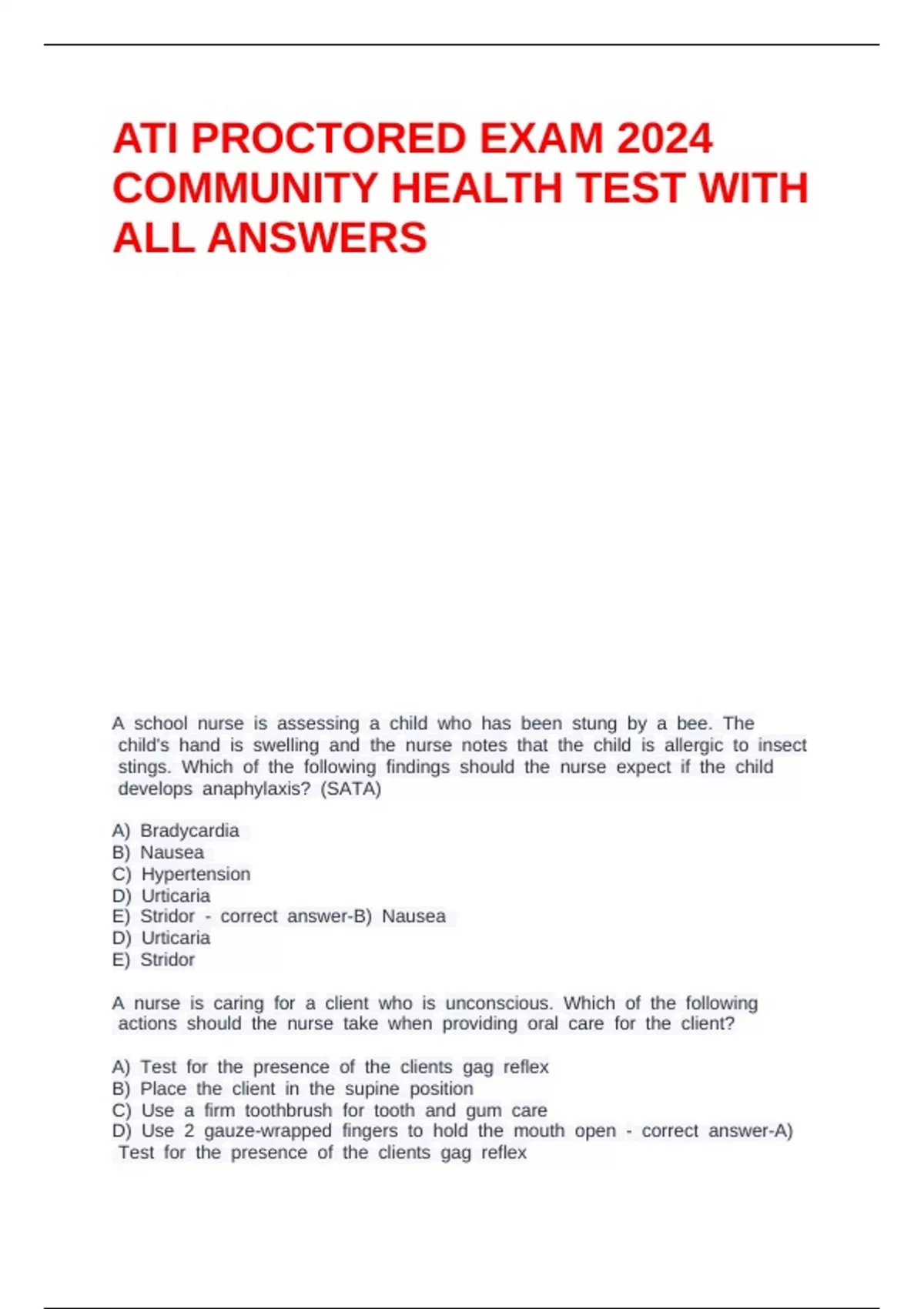 ATI PROCTORED EXAM 2024 COMMUNITY HEALTH TEST WITH ALL ANSWERS - ATI ...