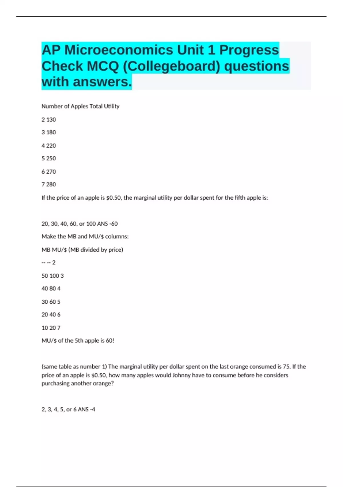 AP Microeconomics Unit 1 Progress Check MCQ (Collegeboard) questions ...