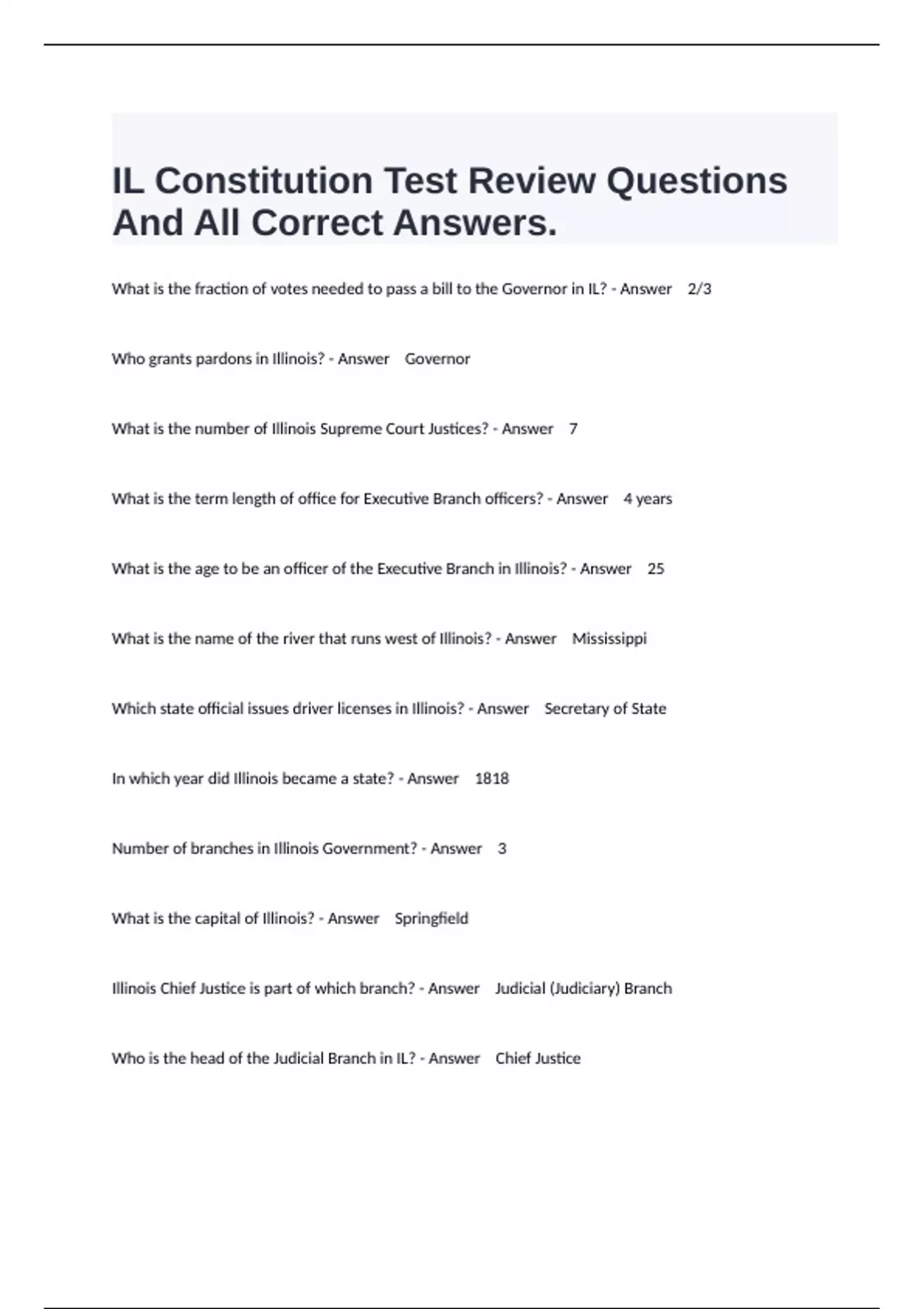 IL Constitution Test Review Questions And All Correct Answers ...