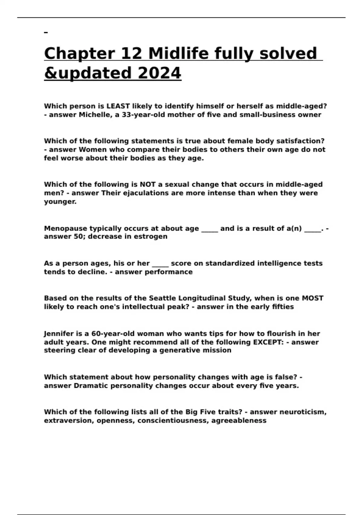 Chapter 12 Midlife fully solved &updated 2024 - WH Menopause/middle ...