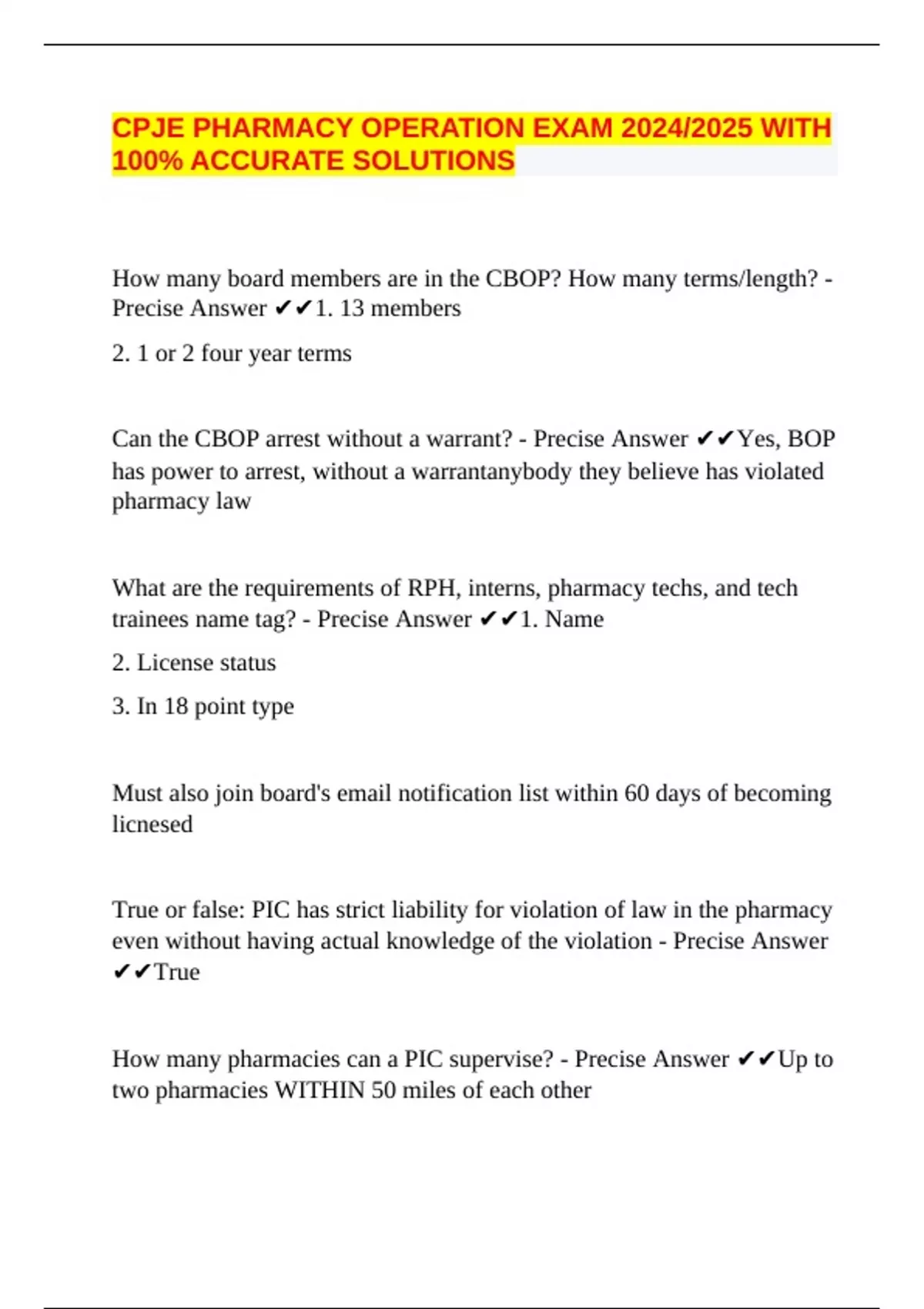 CPJE PHARMACY OPERATION EXAM 2024/2025 WITH 100% ACCURATE SOLUTIONS - CPJE PHARMACY OPERATION ...