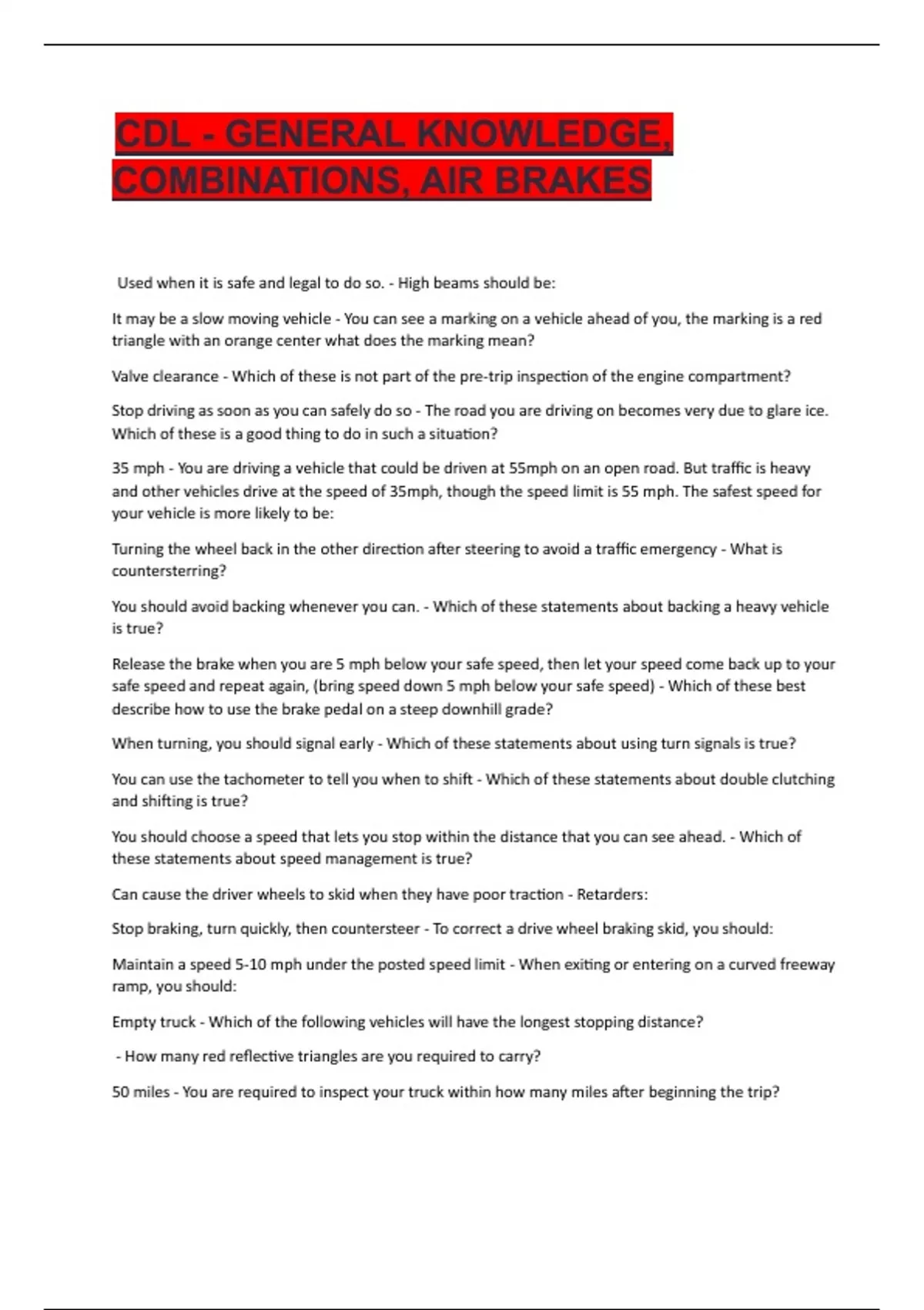 CDL - General Knowledge, Combinations, Air Brakes - CDL - General ...