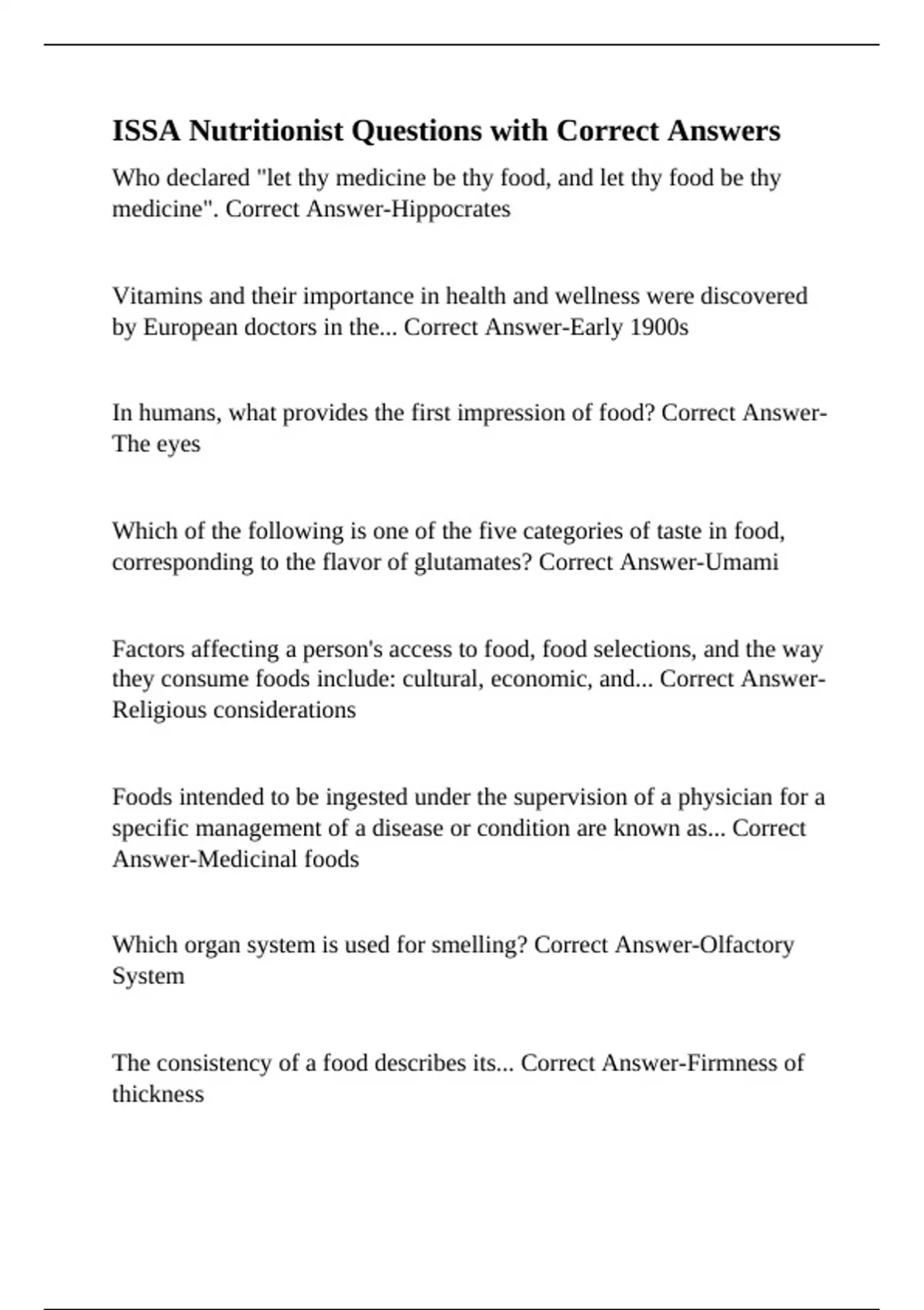 ISSA Nutritionist Questions with Correct Answers - Nutrition - Stuvia US