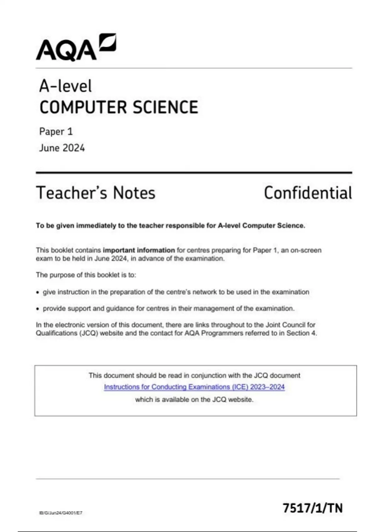 AQA A LEVEL COMPUTER SCIENCE PAPER 1 7517/1TN TEACHERS NOTE JUNE 2024 - COMPUTER SCIENCE - Stuvia UK