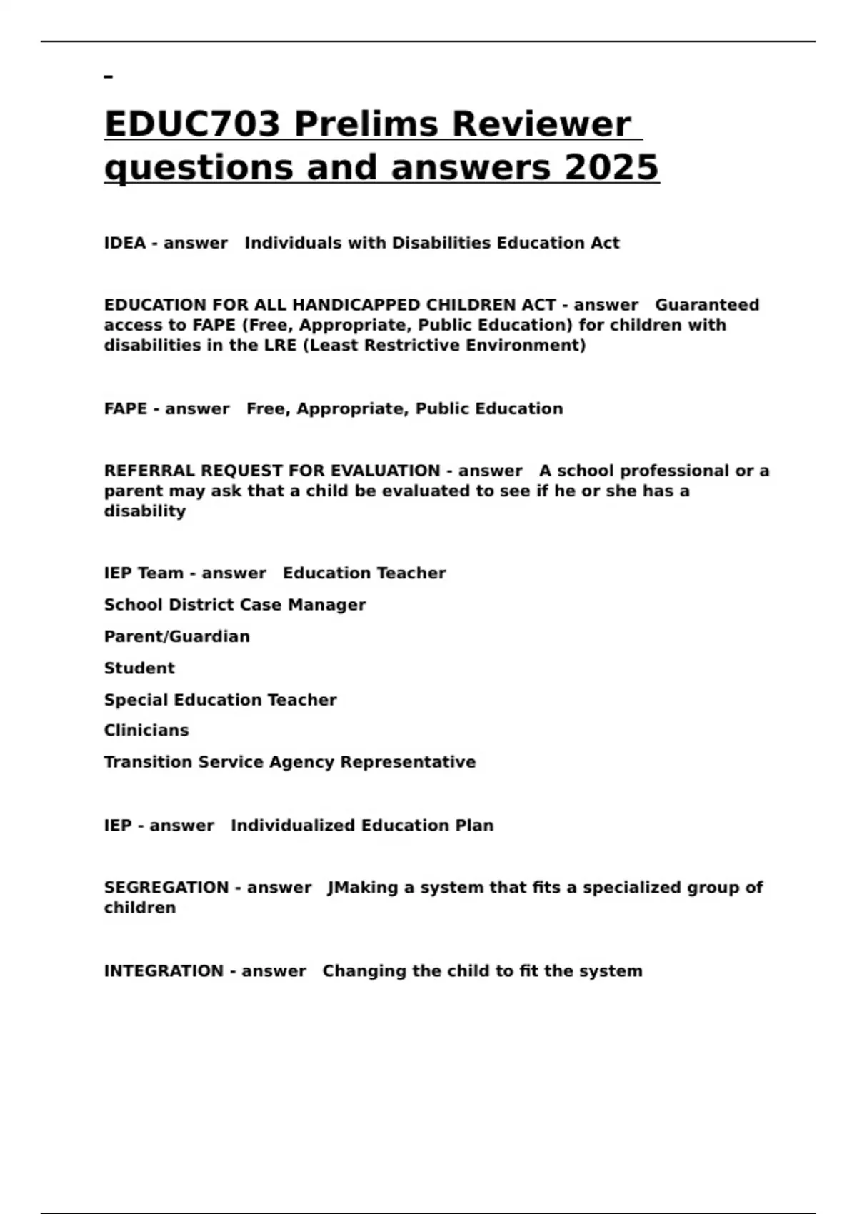 EDUC703 Prelims Reviewer questions and answers 2025 - EDUC 703 - Stuvia US