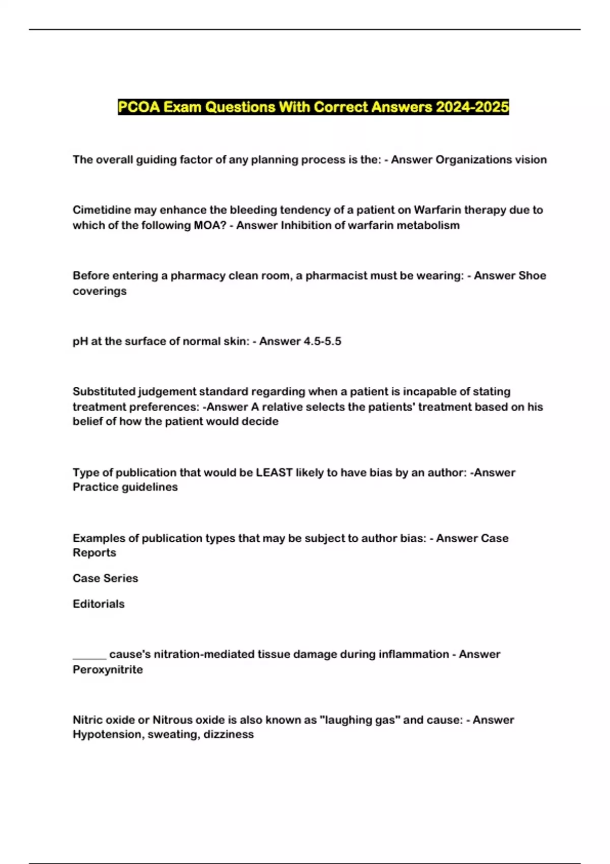 PCOA Exam Questions With Correct Answers - PCOA - Stuvia US