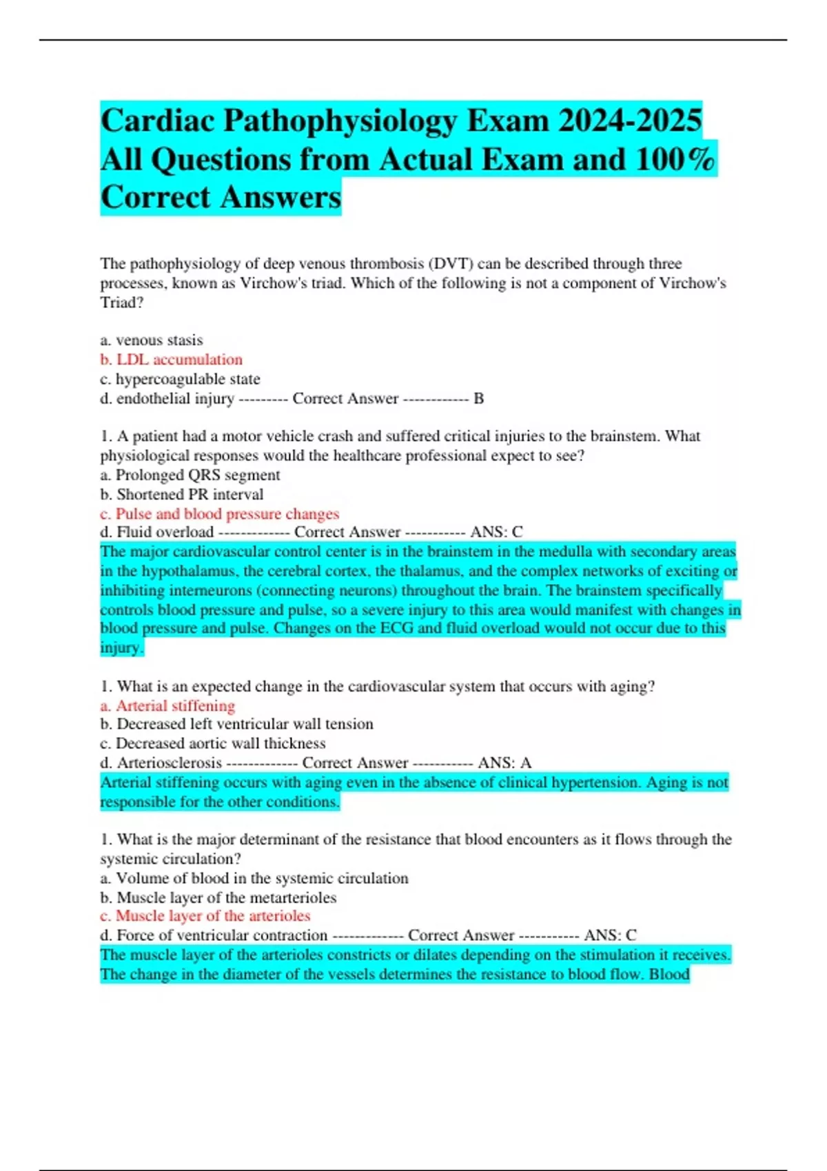 Cardiac Pathophysiology Exam All Questions from Actual Exam and 100% ...
