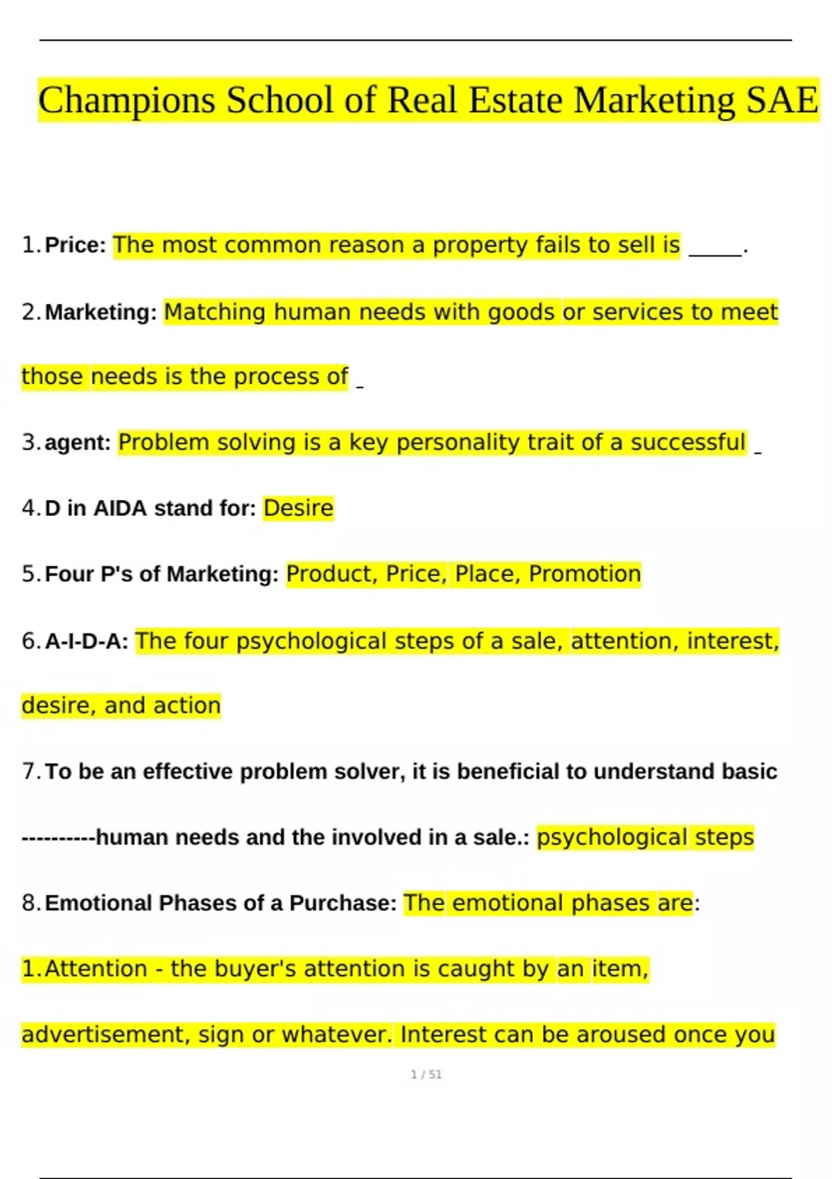 Champions School of Real Estate Marketing SAE Questions And Answers ...