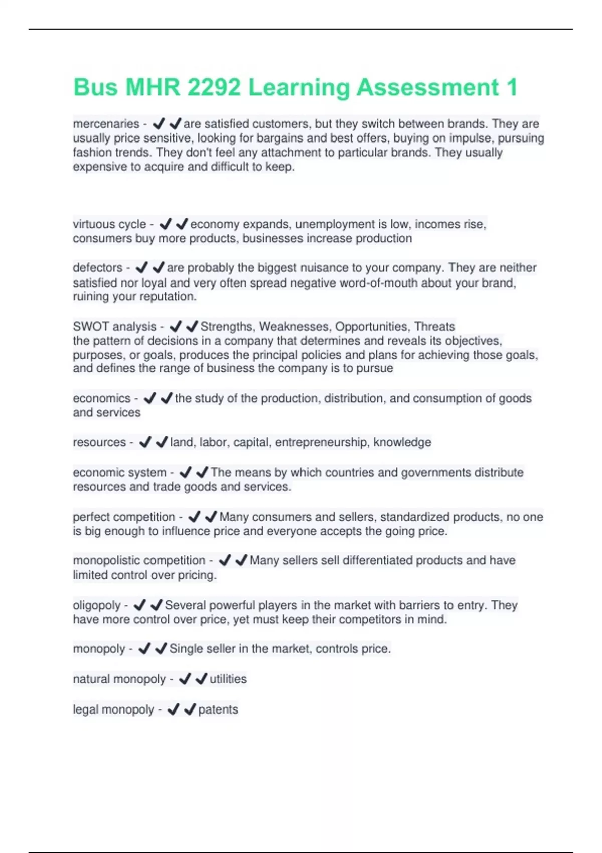 Bus MHR 2292 Learning Assessment 1 Questions and Answers New (2024/2025) Solved 100% Correct ...