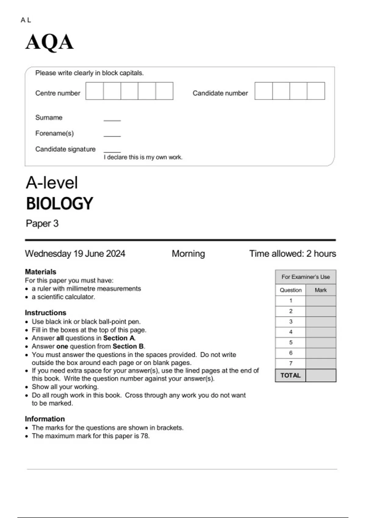 AQA A level BIOLOGY Paper 3 JUNE 2024 QUESTION PAPER - A level BIOLOGY ...