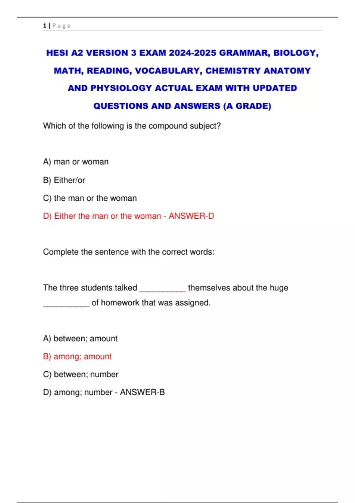 HESI A2 VERSION 3 EXAM GRAMMAR, BIOLOGY, MATH, READING, VOCABULARY ...