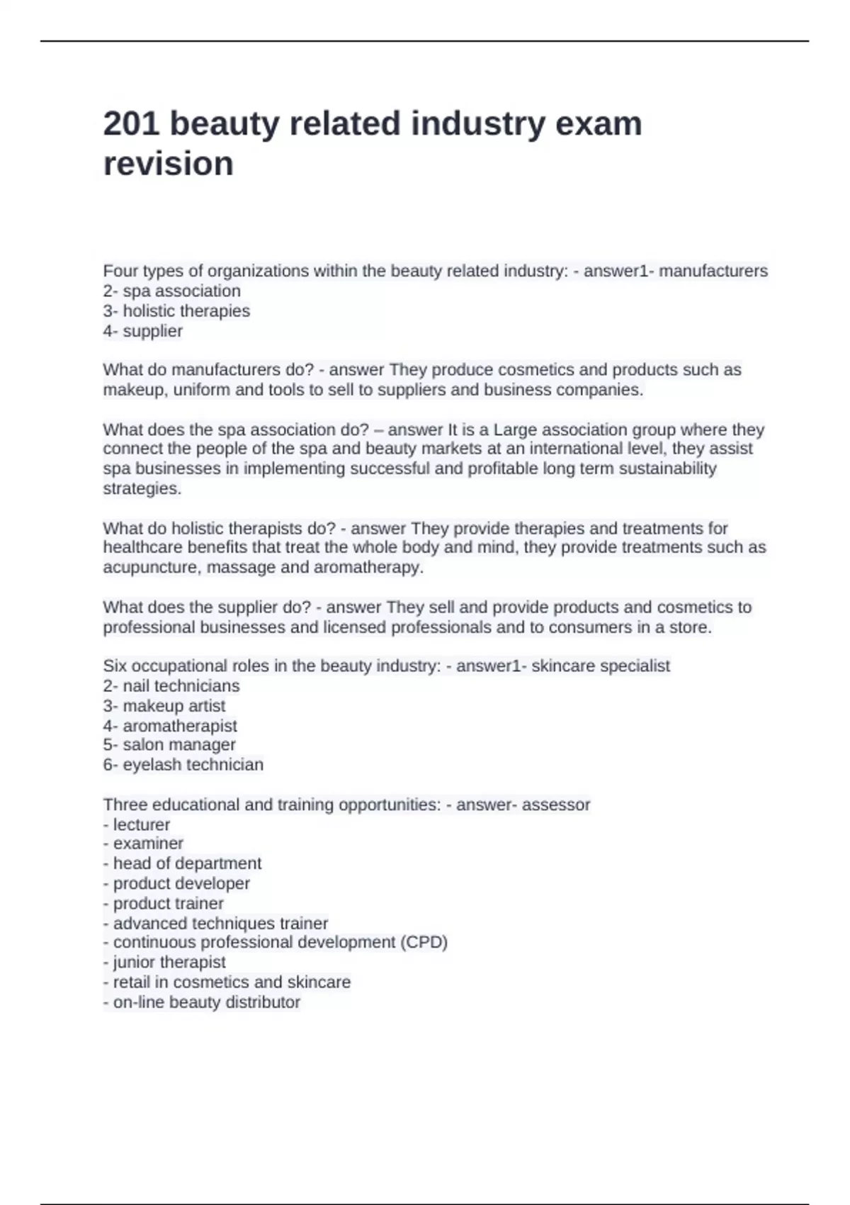 201 beauty related industry exam revision Questions and Answers 100% ...