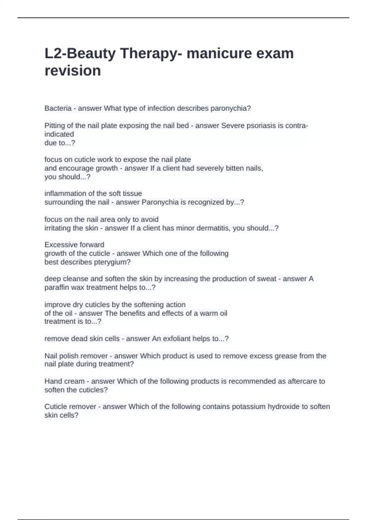 L2-Beauty Therapy- manicure exam revision Questions with Accurate ...