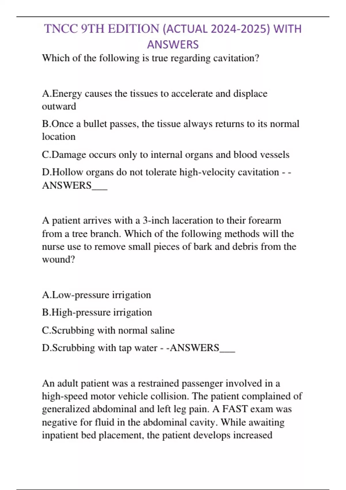 TNCC 9TH EDITION (ACTUAL ) WITH ANSWERS - TNCC 9TH EDITION - Stuvia US