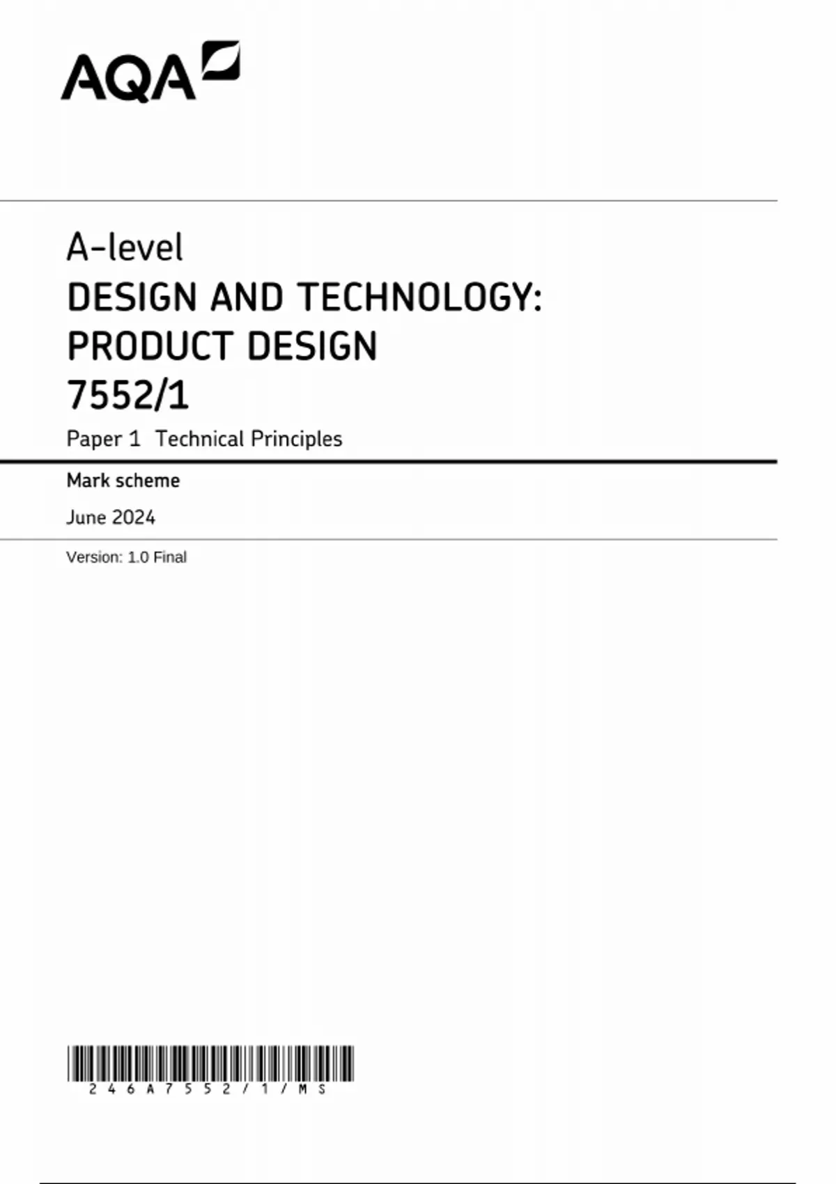 2024 AQA A LEVEL DESIGN AND TECHNOLOGY: PRODUCT DESIGN MARK SCHEME ...