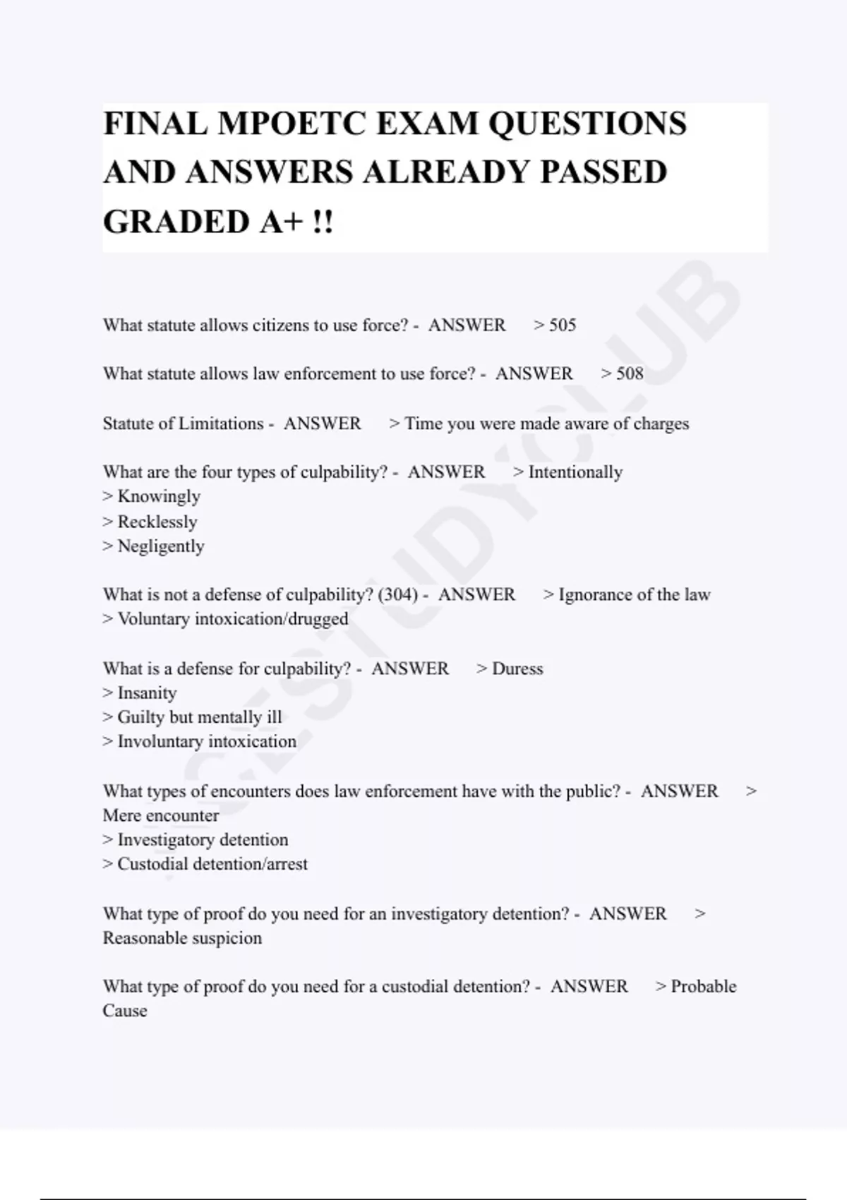 FINAL MPOETC EXAM QUESTIONS AND ANSWERS ALREADY PASSED GRADED A+ ...