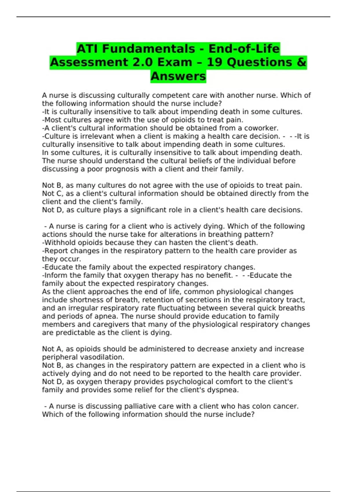 ATI Fundamentals - End-of-Life Assessment 2.0 Exam – 19 Questions ...