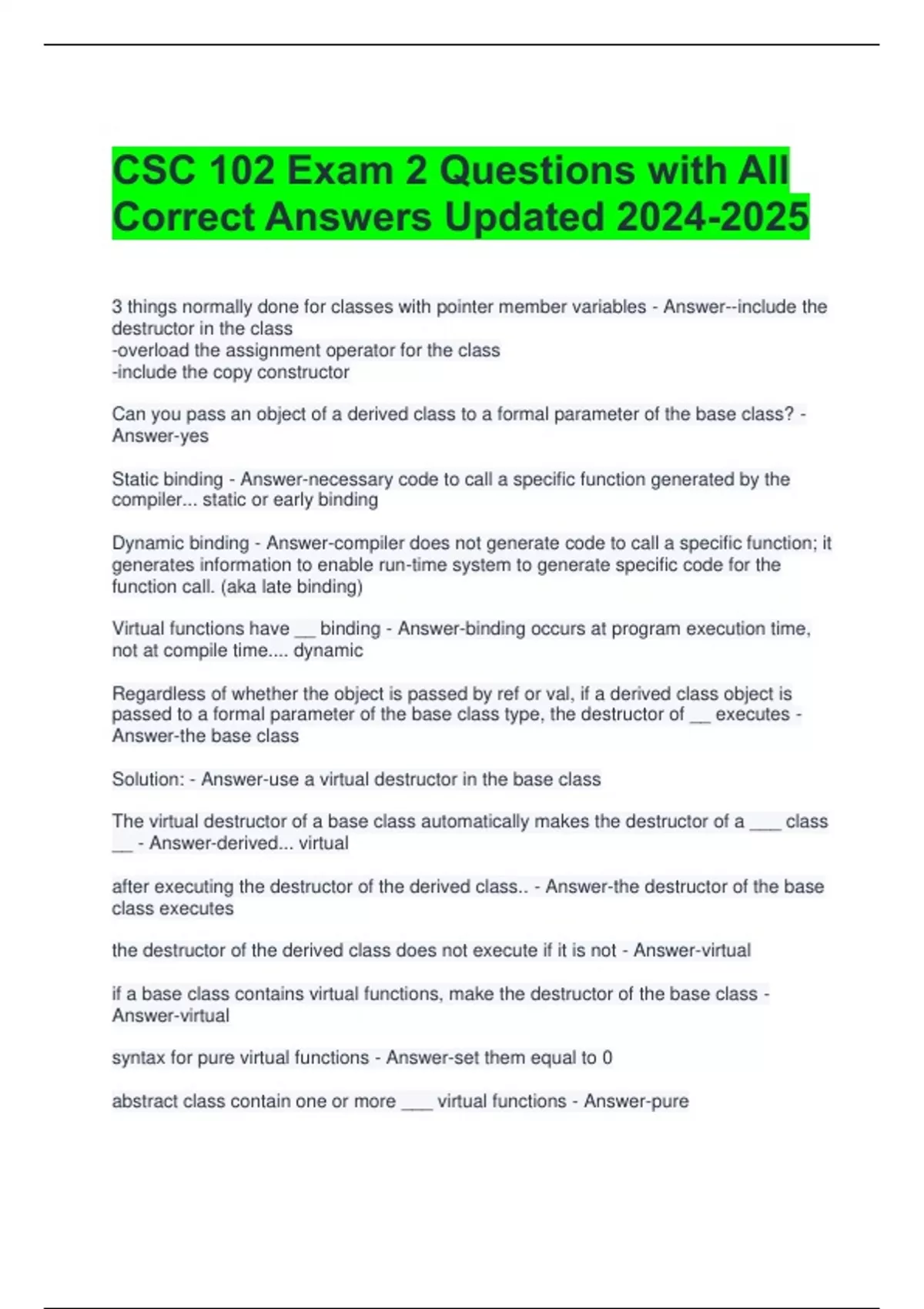 CSC 102 Exam 2 Questions with All Correct Answers Updated - CSC 102 - Stuvia US