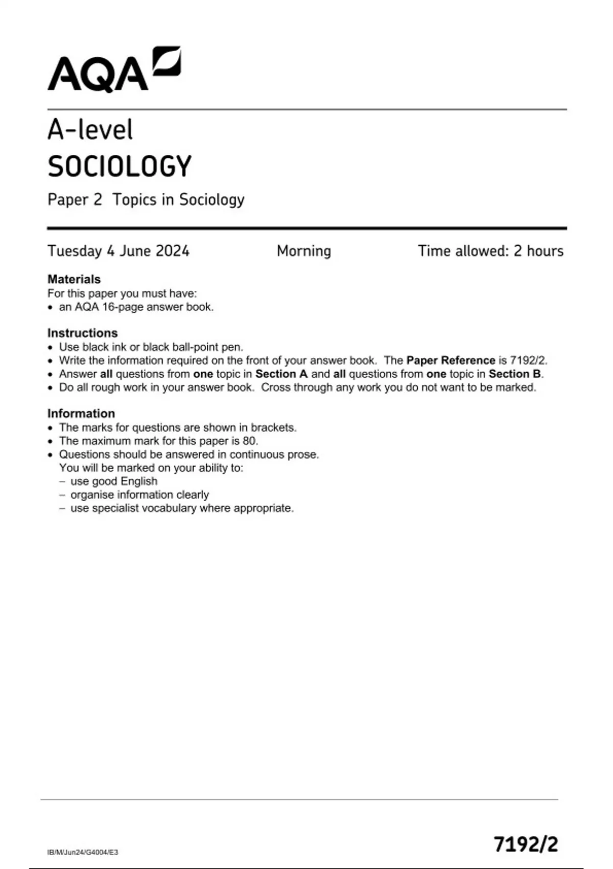 AQA A-level SOCIOLOGY Paper 1, 2 and 3 JUNE 2024 QUESTION PAPERS AND ...