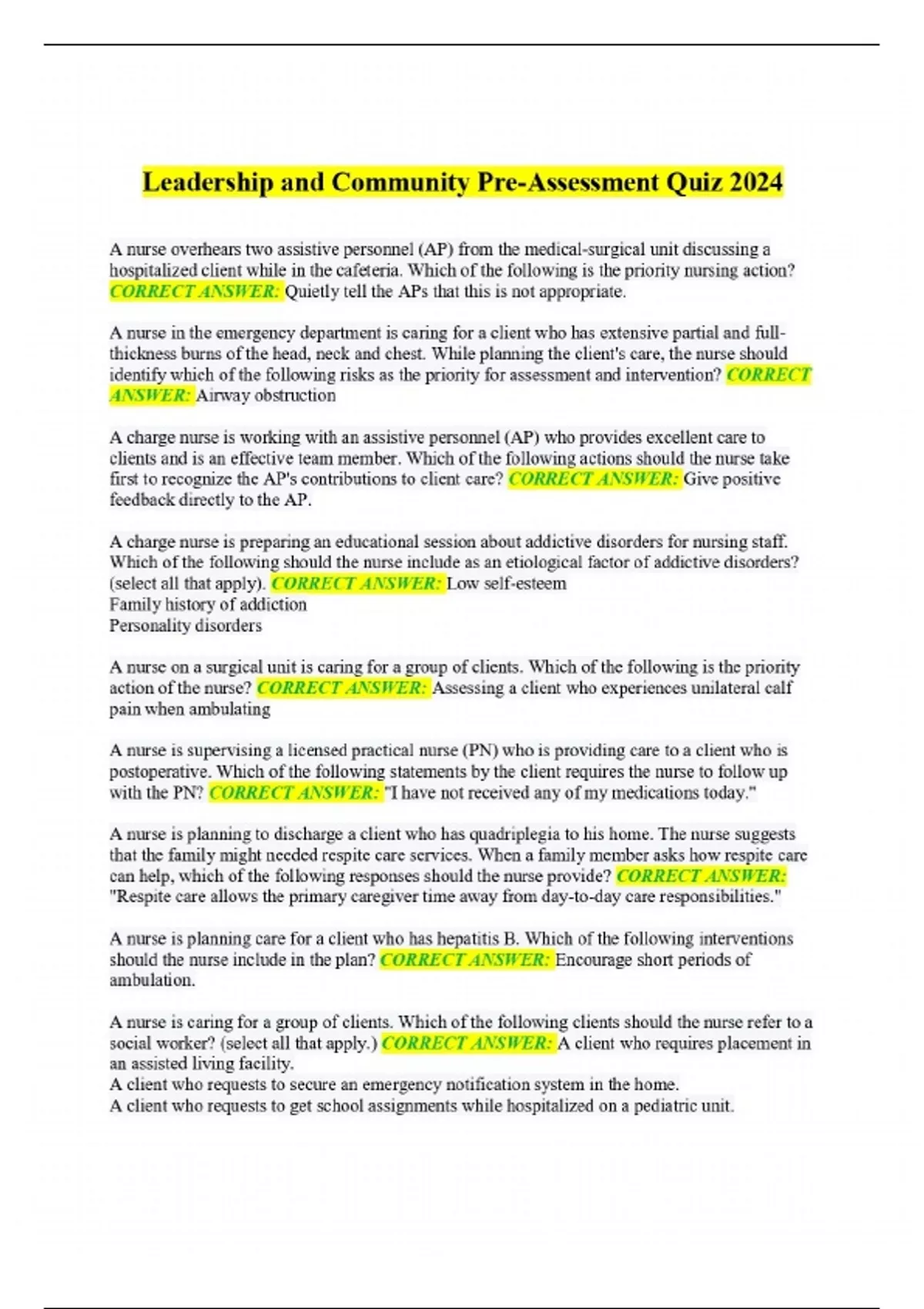 Leadership and Community Pre-Assessment Quiz 2024 - Leadership and ...