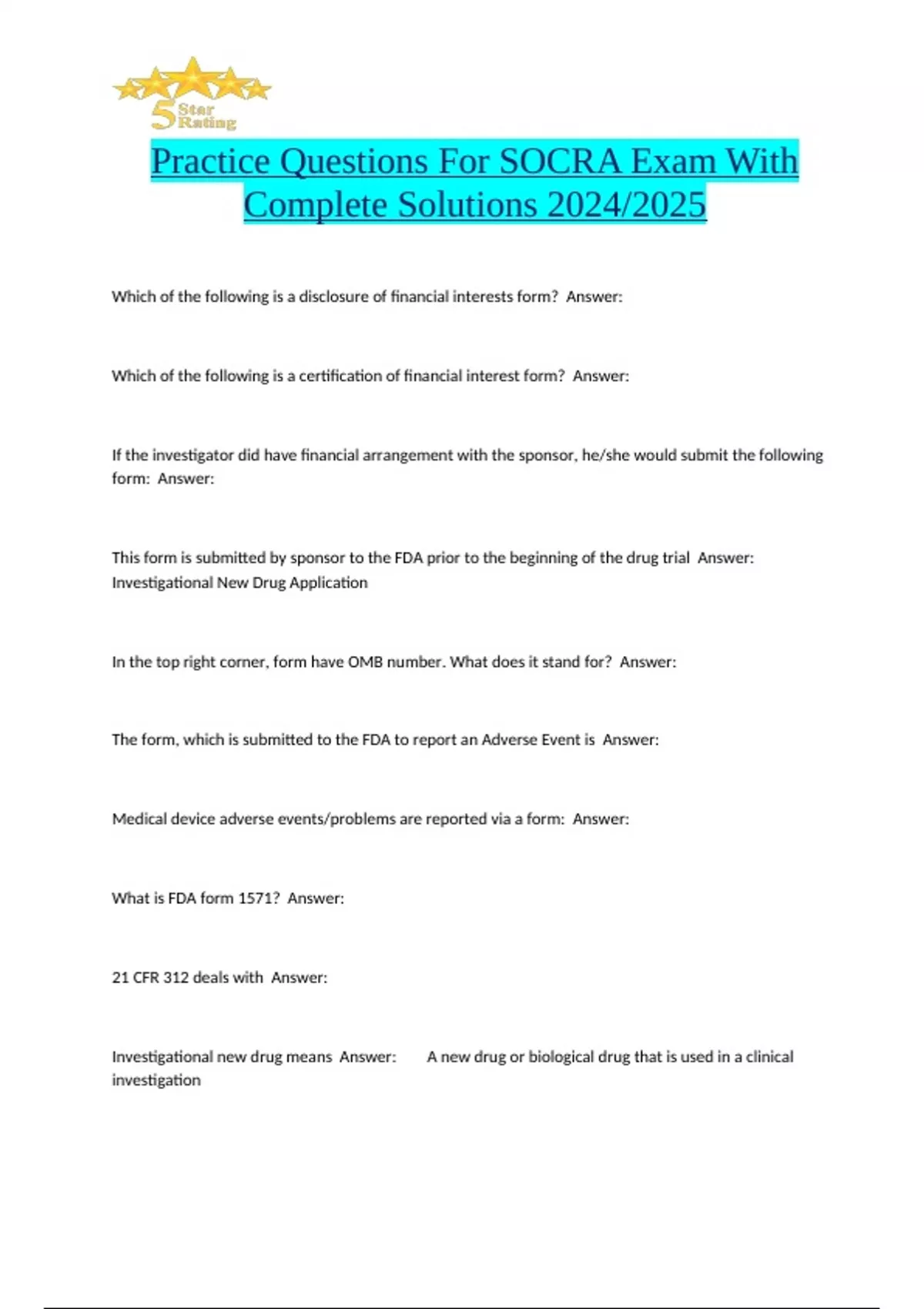 Practice Questions For SOCRA Exam With Complete Solutions 2024/2025 ...
