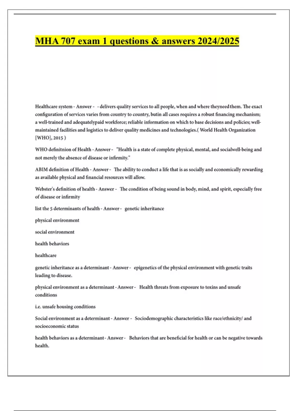 MHA 707 exam 1 questions & answers 2024/2025 - MHA 707 - Stuvia US