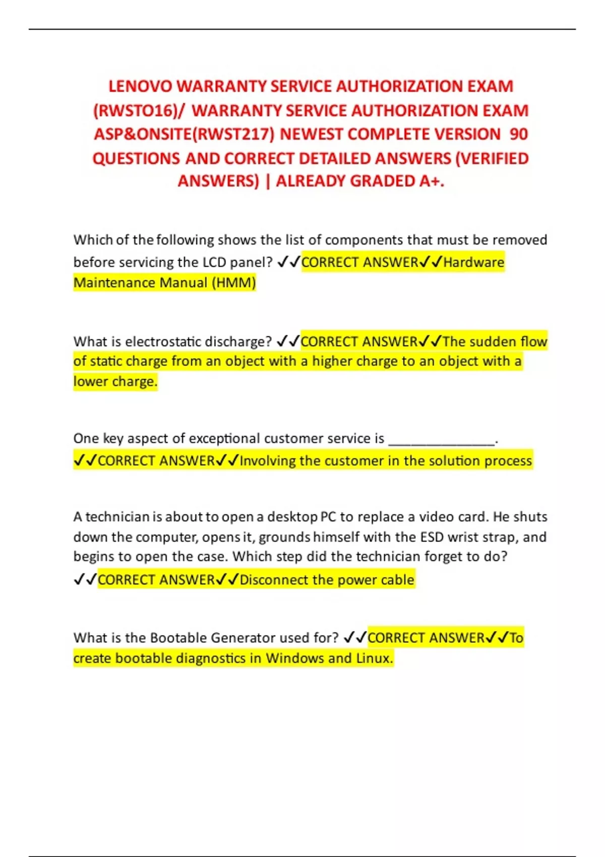 LENOVO WARRANTY SERVICE AUTHORIZATION EXAM (RWSTO16)/ WARRANTY SERVICE ...