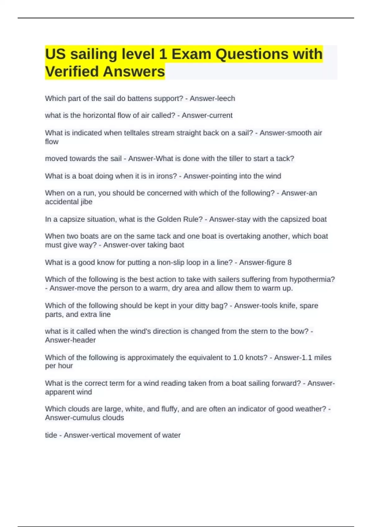 US sailing level 1 Exam Questions with Verified Answers - American ...